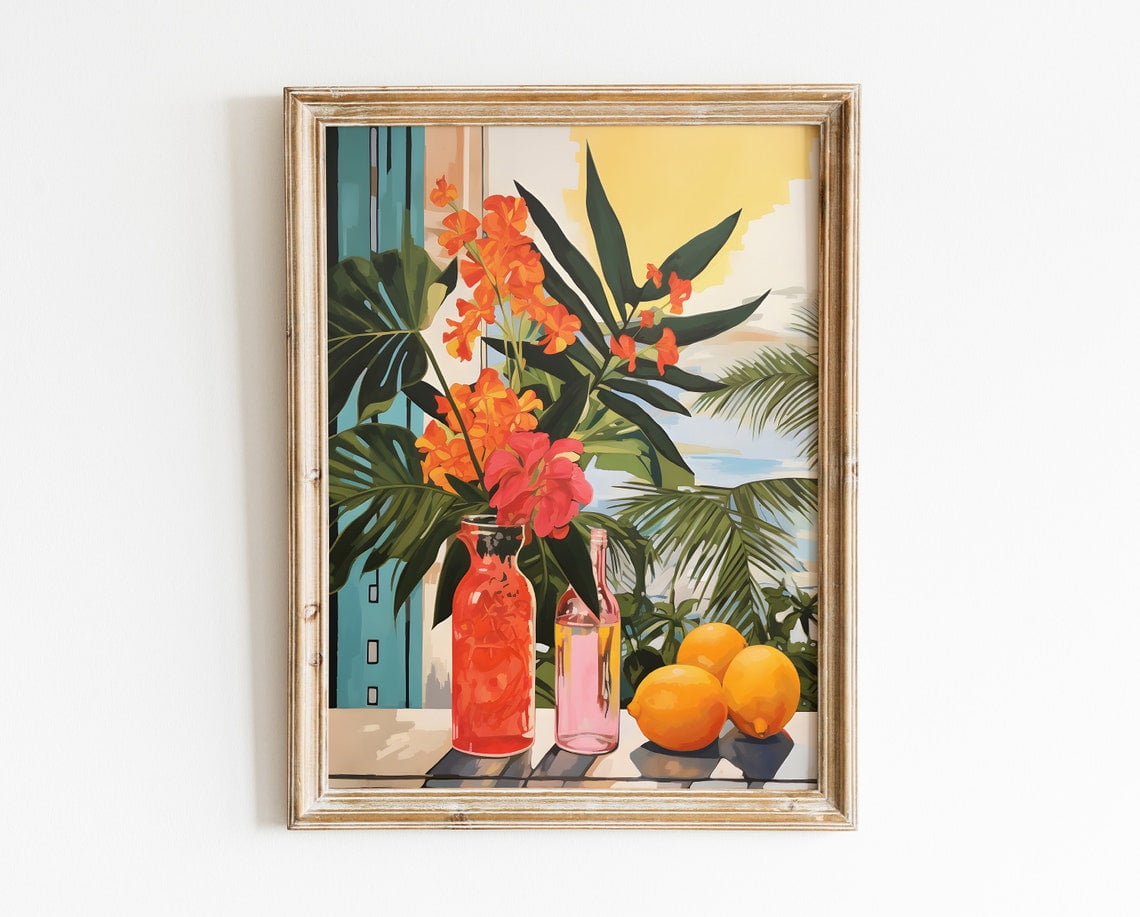 Tropical Still Life Oil Painting, Retro Tropical Landscape Art Print ...