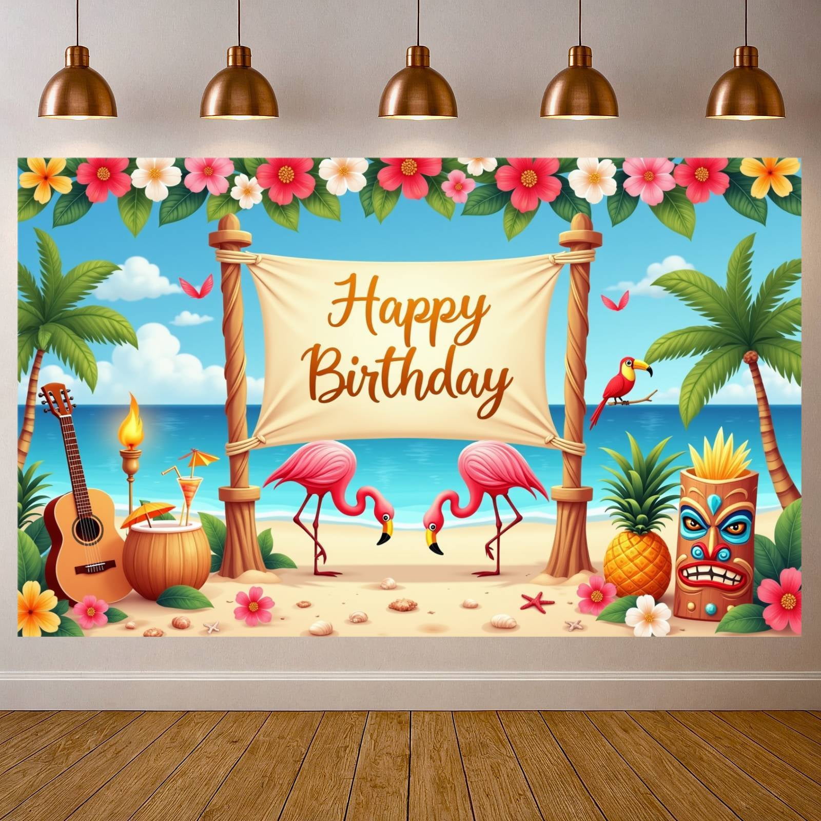 Tropical Style Banner Flamingo Pattern Beach Birthday Backdrop Palm ...