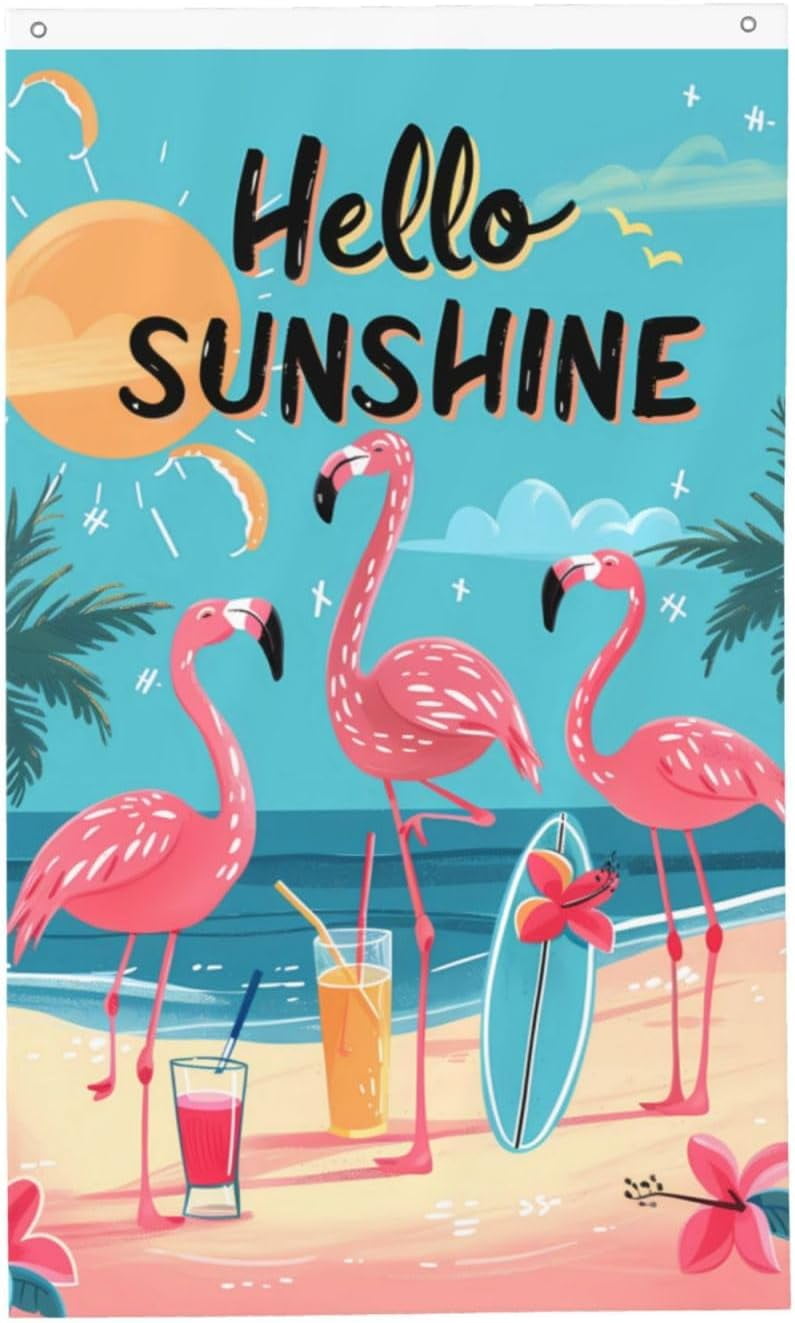 Tropical Summer Flamingo 4.85x8 ft Flag Sunny Summer Vertical Banner ...