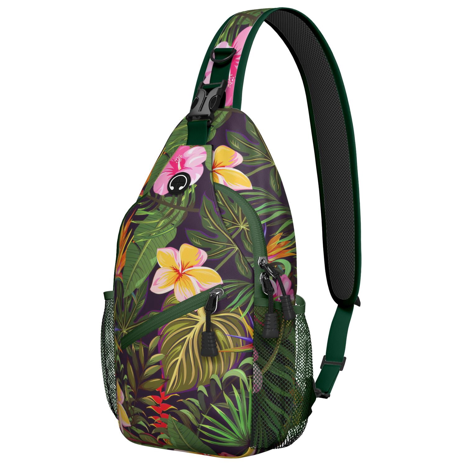 Tropical Summer Sling Backpack with Jungle Leaves, Hawaiian Floral ...