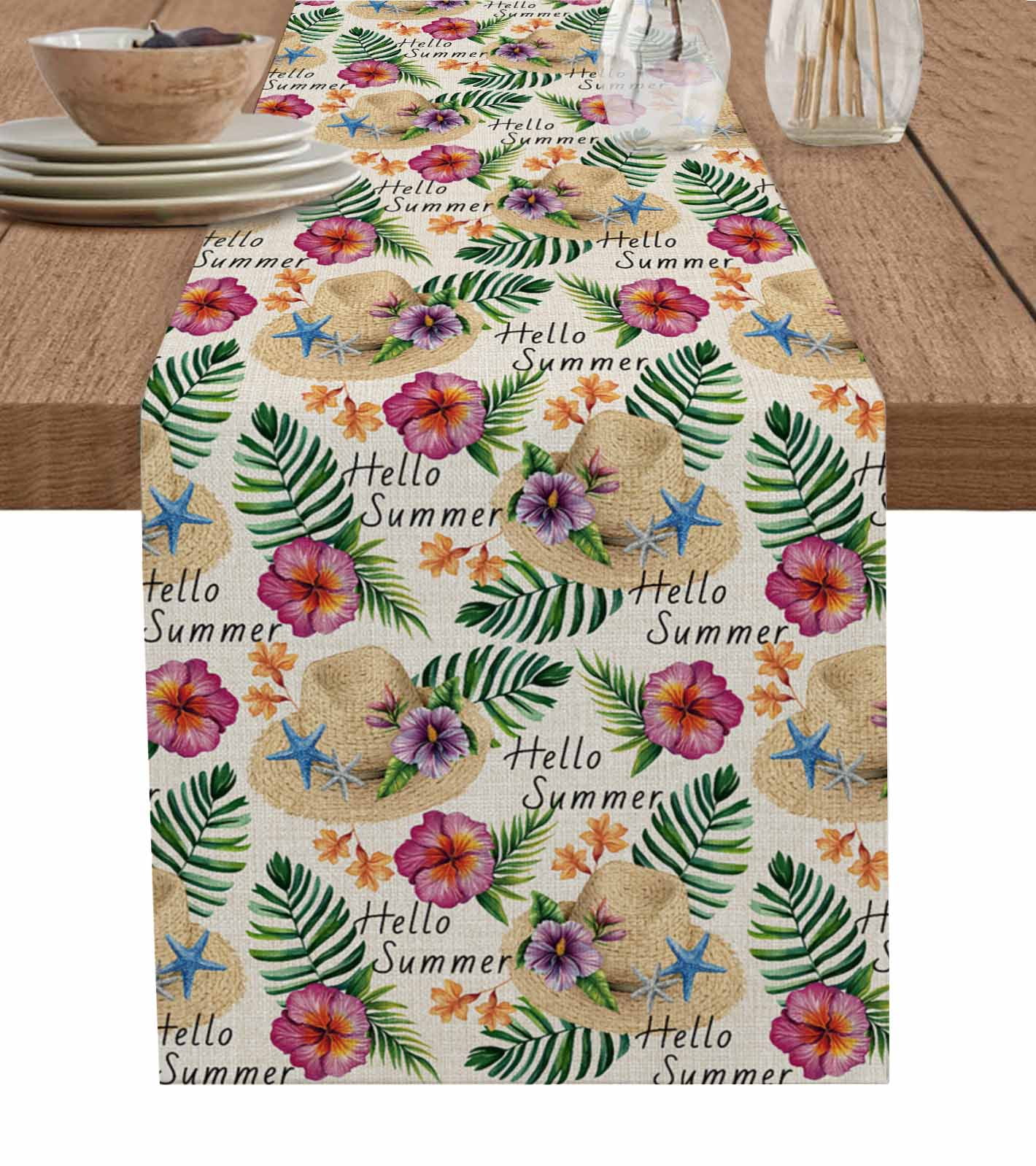 Tropical Summer Table Runner 72 Inches, Coastal Palm Leaf Flowers ...