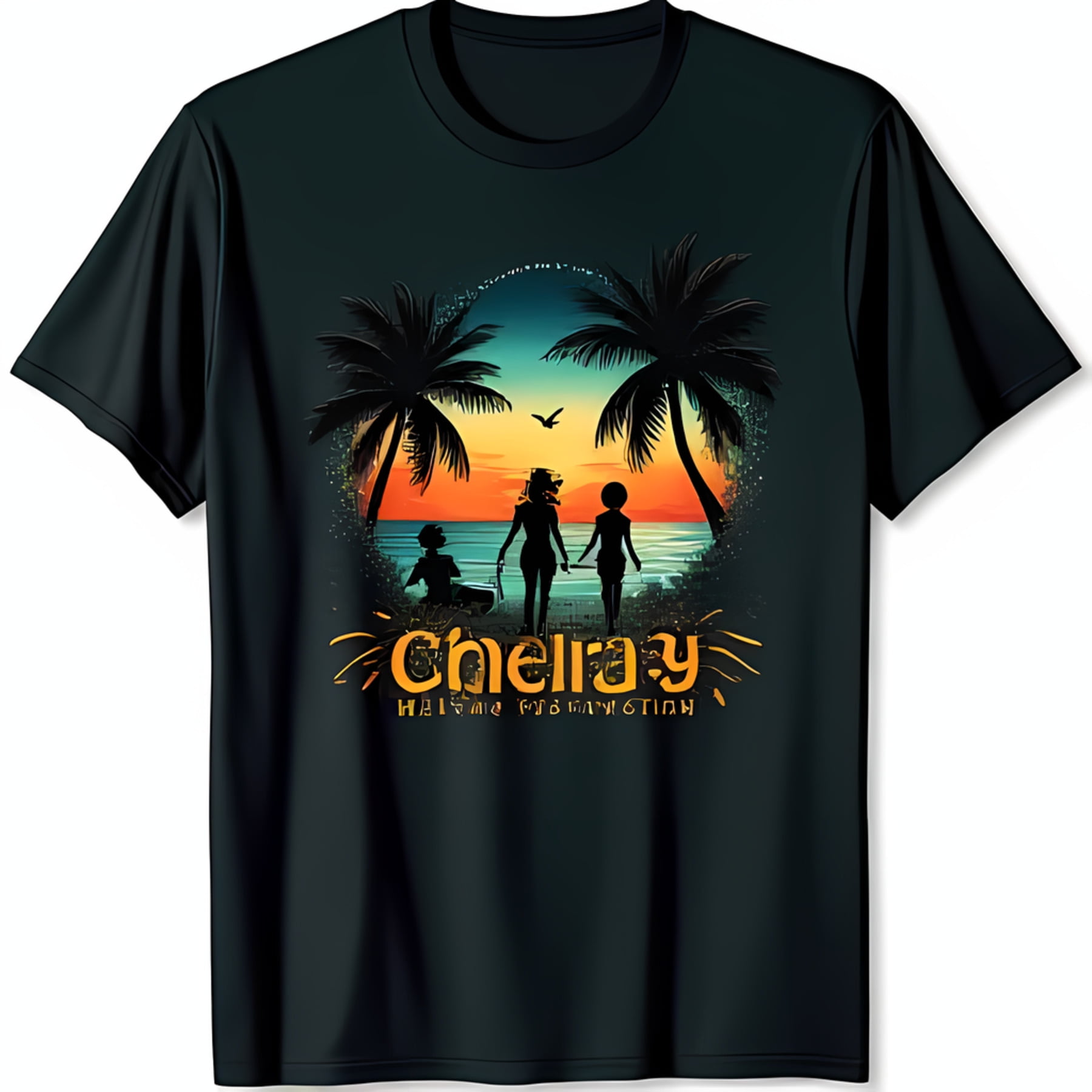 Tropical Sunset Beach T Shirt With Silhouetted Figures Chella Ray