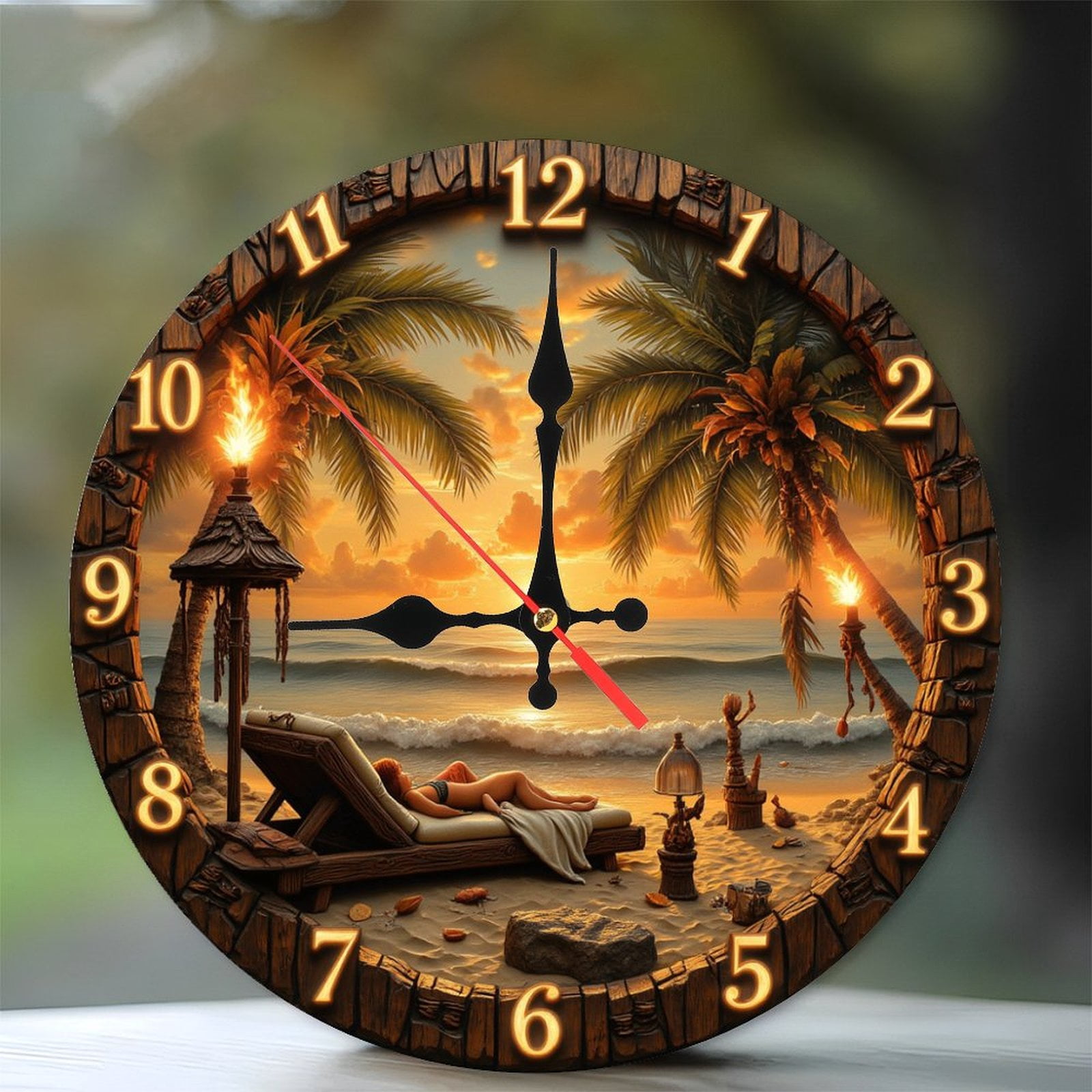 Tropical Sunset Beach Wall Clock， Wooden Frame， Relaxing Scene 10-Inch ...
