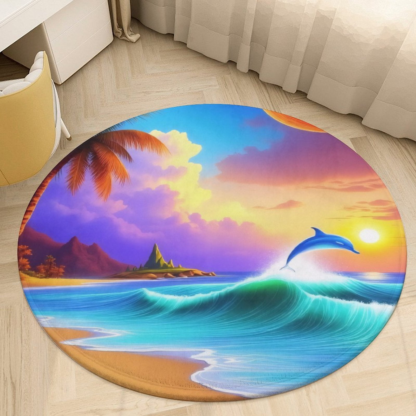 Tropical Sunset Dolphin Paradise Round Area Rugs for Bedroom Living ...