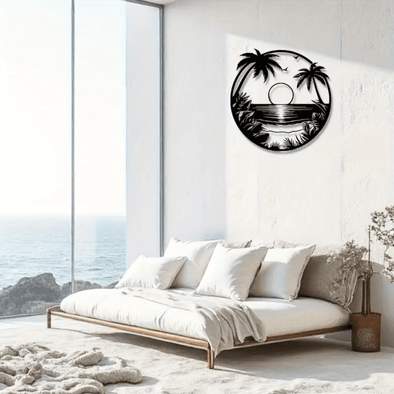 Tropical Sunset Metal Wall Art, Palm Tree and Ocean Scene with Phoenix ...