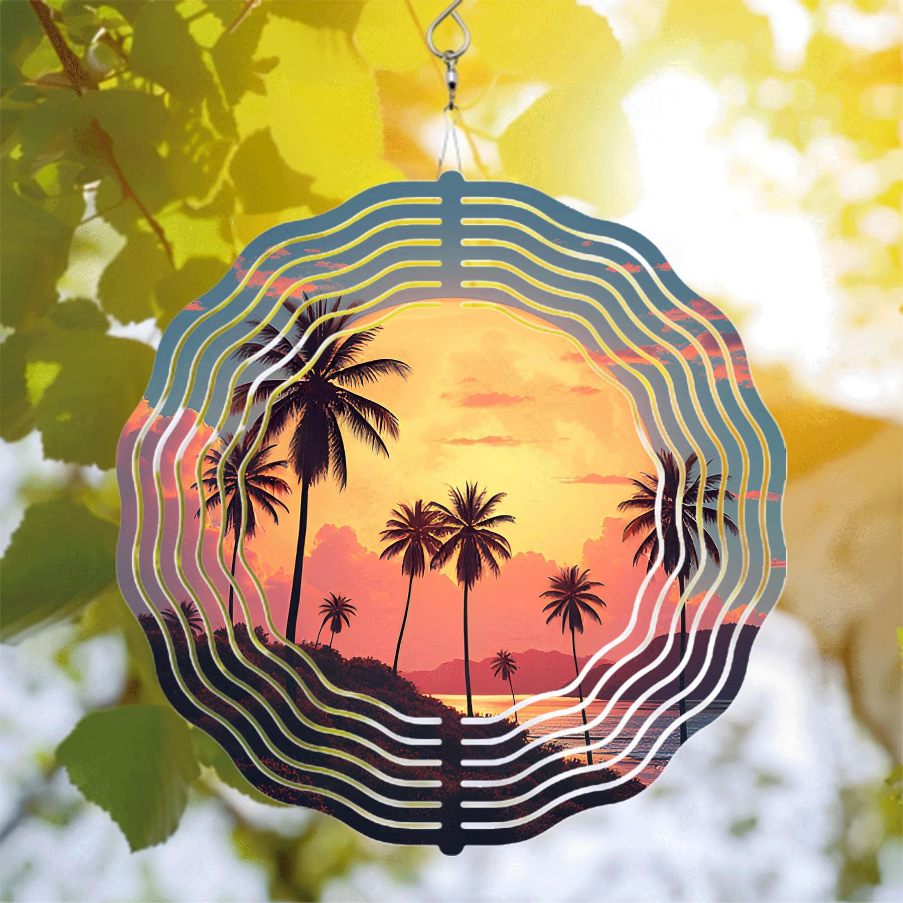 Tropical Sunset Metal Wind Spinner - Circular Design with Silhouetted ...