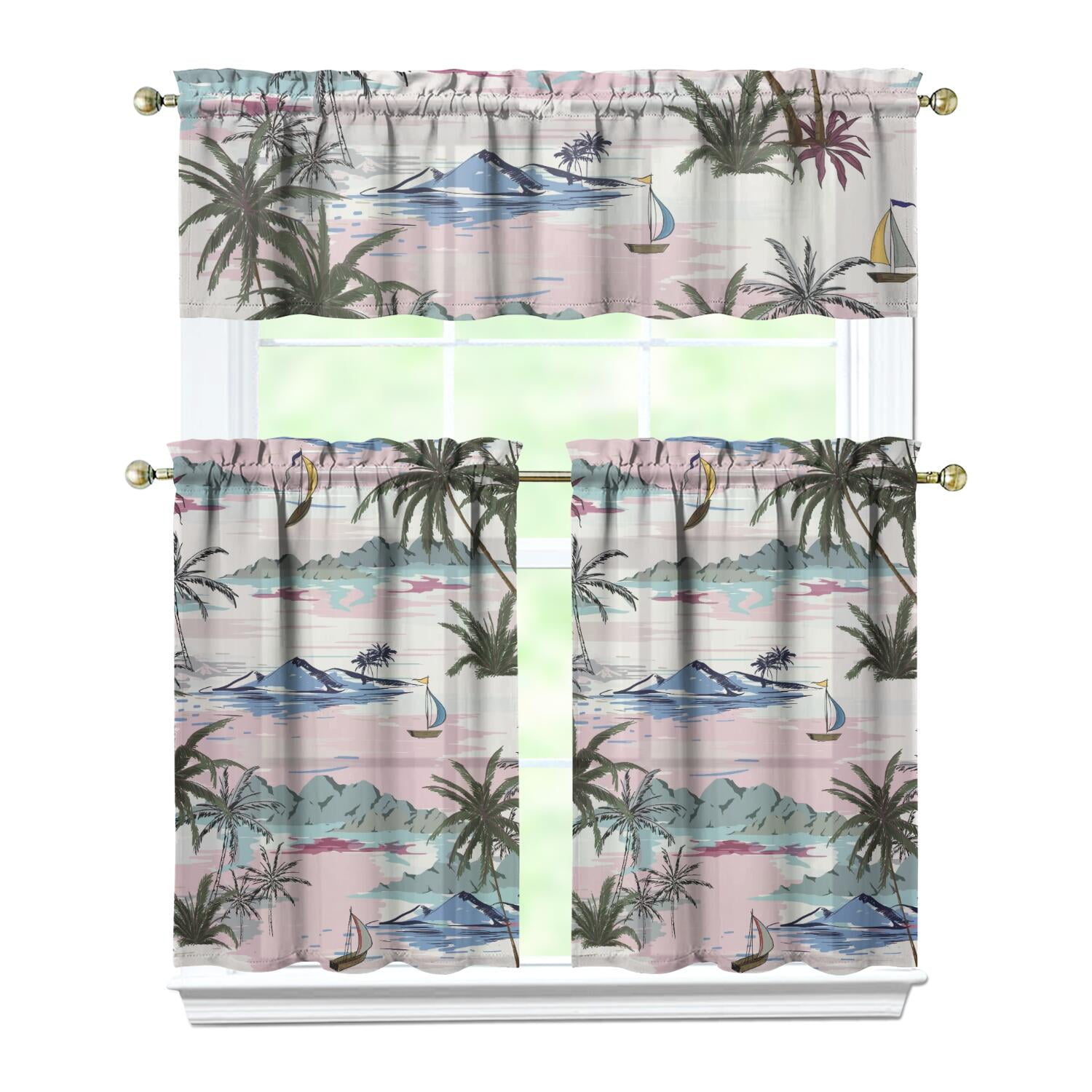 Tropical Sunset Palm Tree Kitchen Curtains Set, 3 Piece Rod Pocket ...