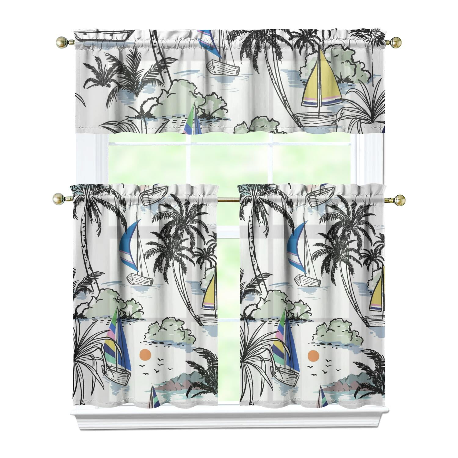 Tropical Sunset Palm Tree Kitchen Curtains Set, 3 Piece Rod Pocket ...