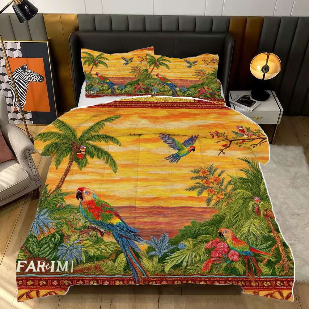 Tropical Sunset Parrots Paradise Birds Comforter Set King Size Bedding ...