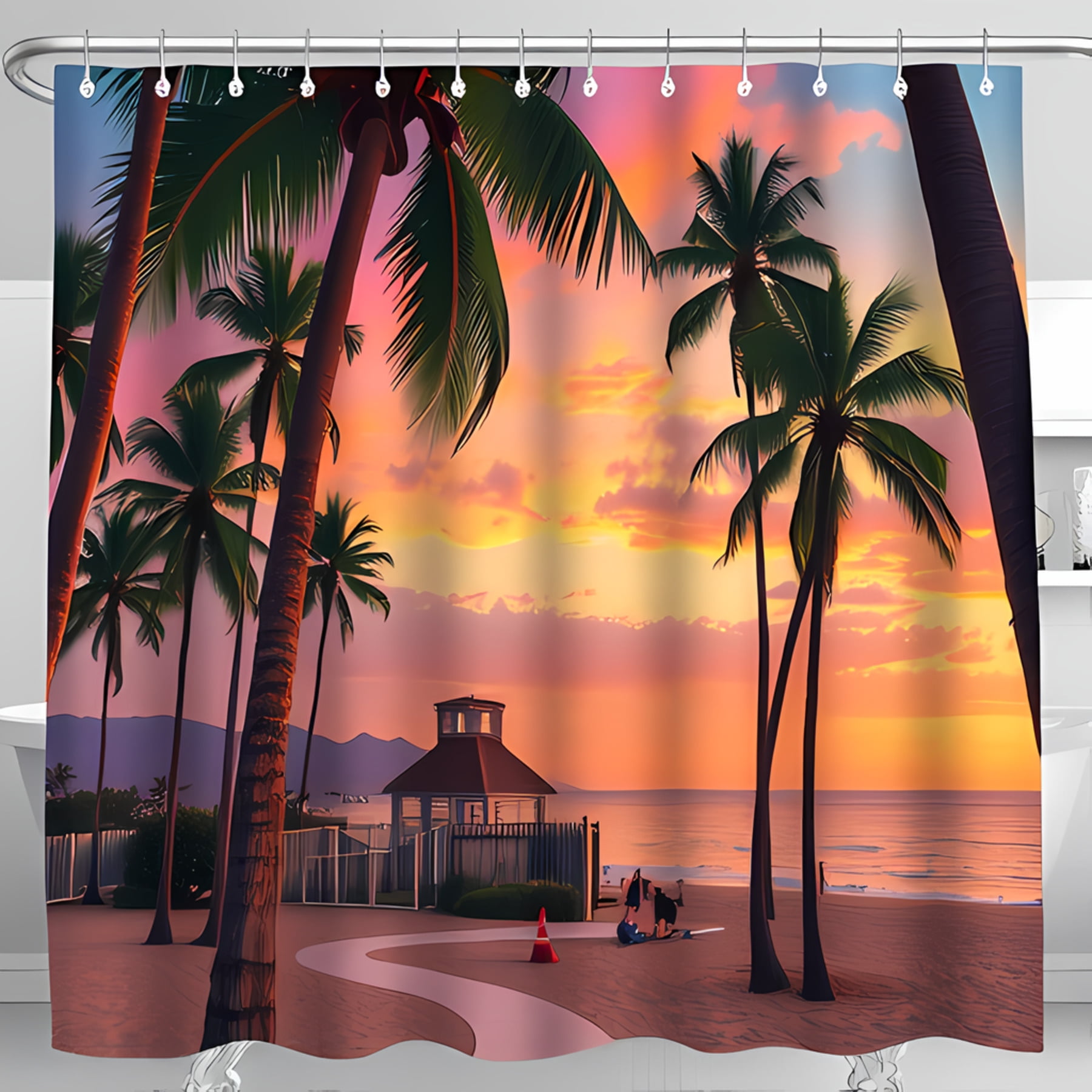 Tropical Sunset Shower Curtain - Vibrant Trees & Beach Scene Relaxing ...