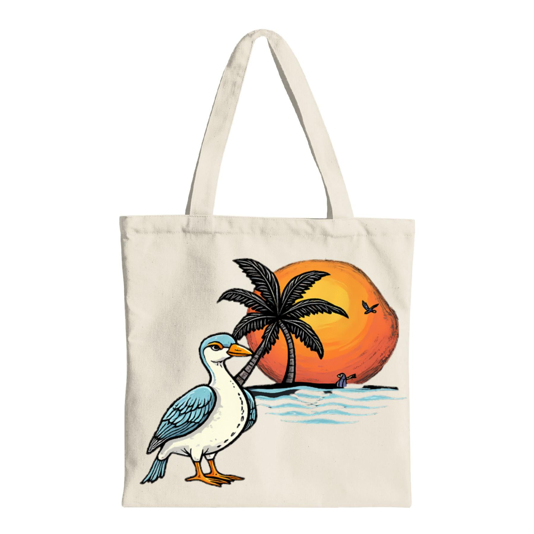 Tropical Sunset Tote Bag - Blue & White Bird on Shore Orange Fruit ...
