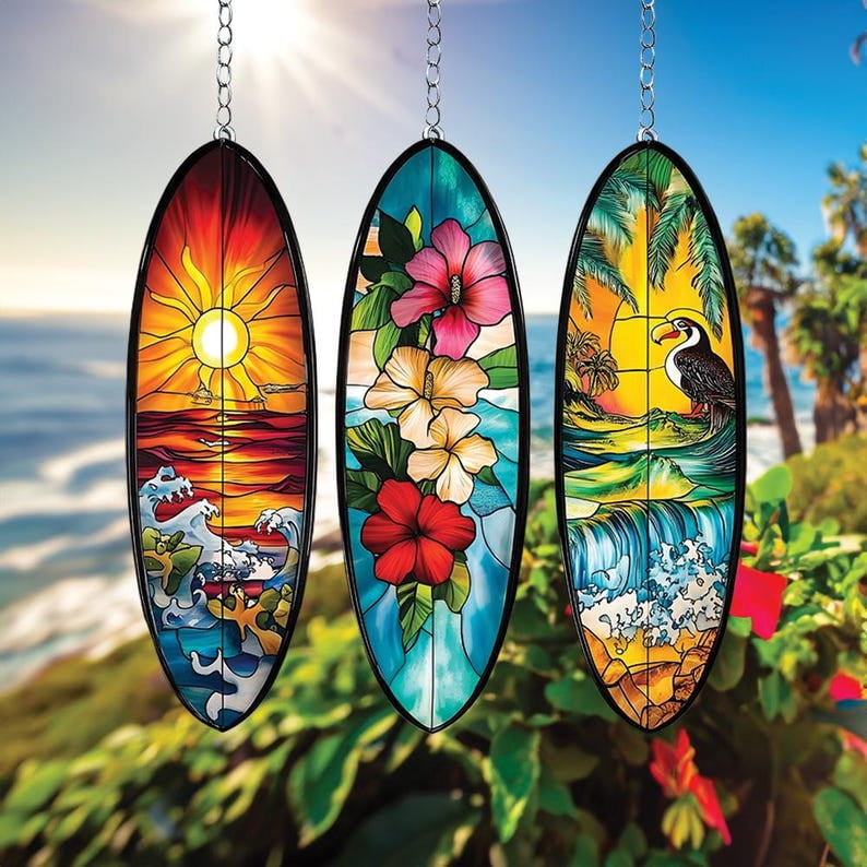 Tropical Surfboard Acrylic Suncatchers (Set of 3) – Faux Stained Glass ...