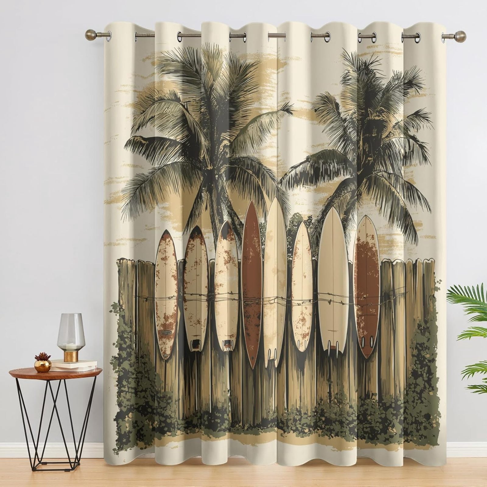 Tropical Surfboard Blackout Curtains, Vintage Palm Island Curtains For ...