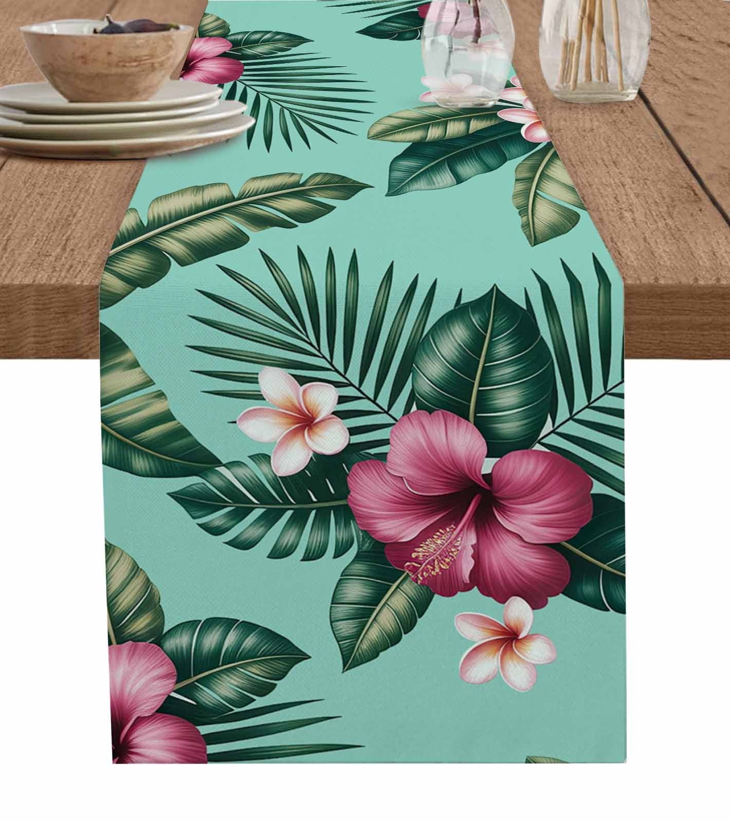 Tropical Table Runner 72 Inches, Pink Floral Green Palm Leaf Aqua ...