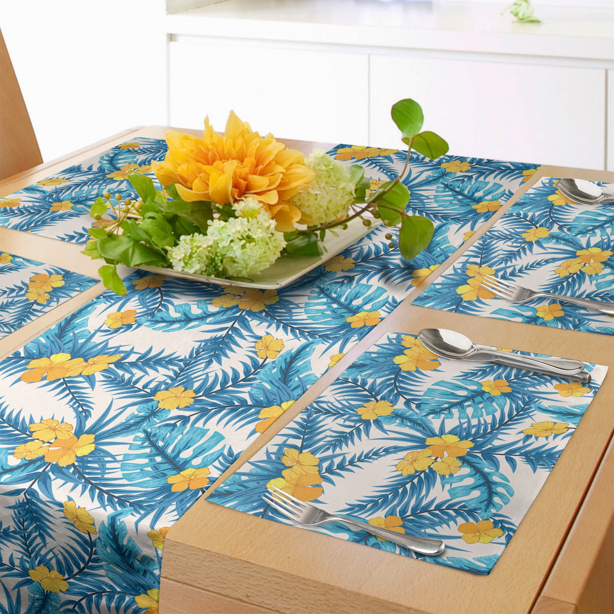 Tropical Table Runner & Placemats, Exotic Leaves and Flowers Pattern ...