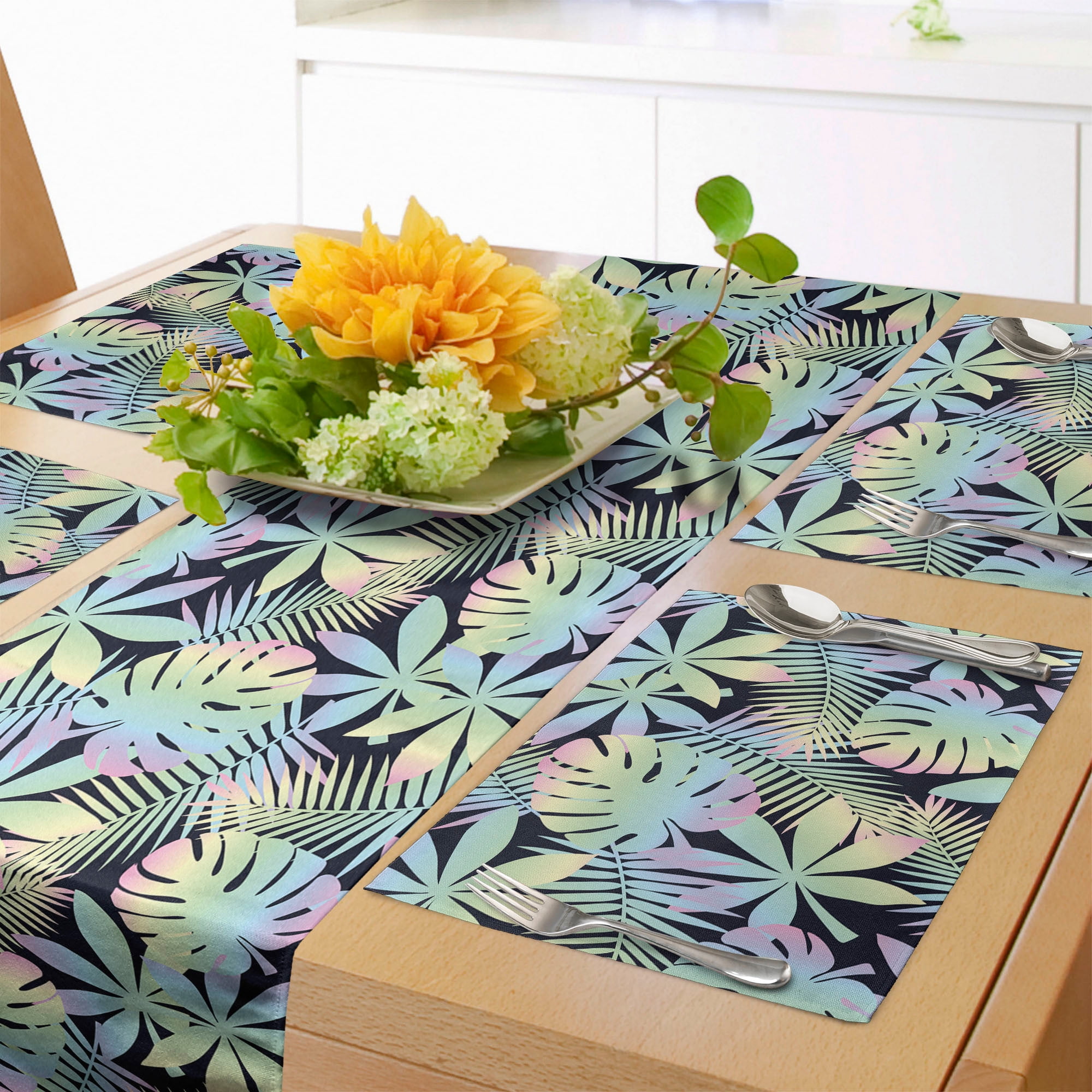 Tropical Table Runner & Placemats, Monstera and Banana Palm Leaves in ...