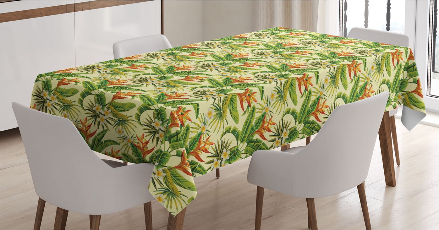 Tropical Tablecloth, Exotic Plumeria Flowers and Palm Tree Leaves on ...