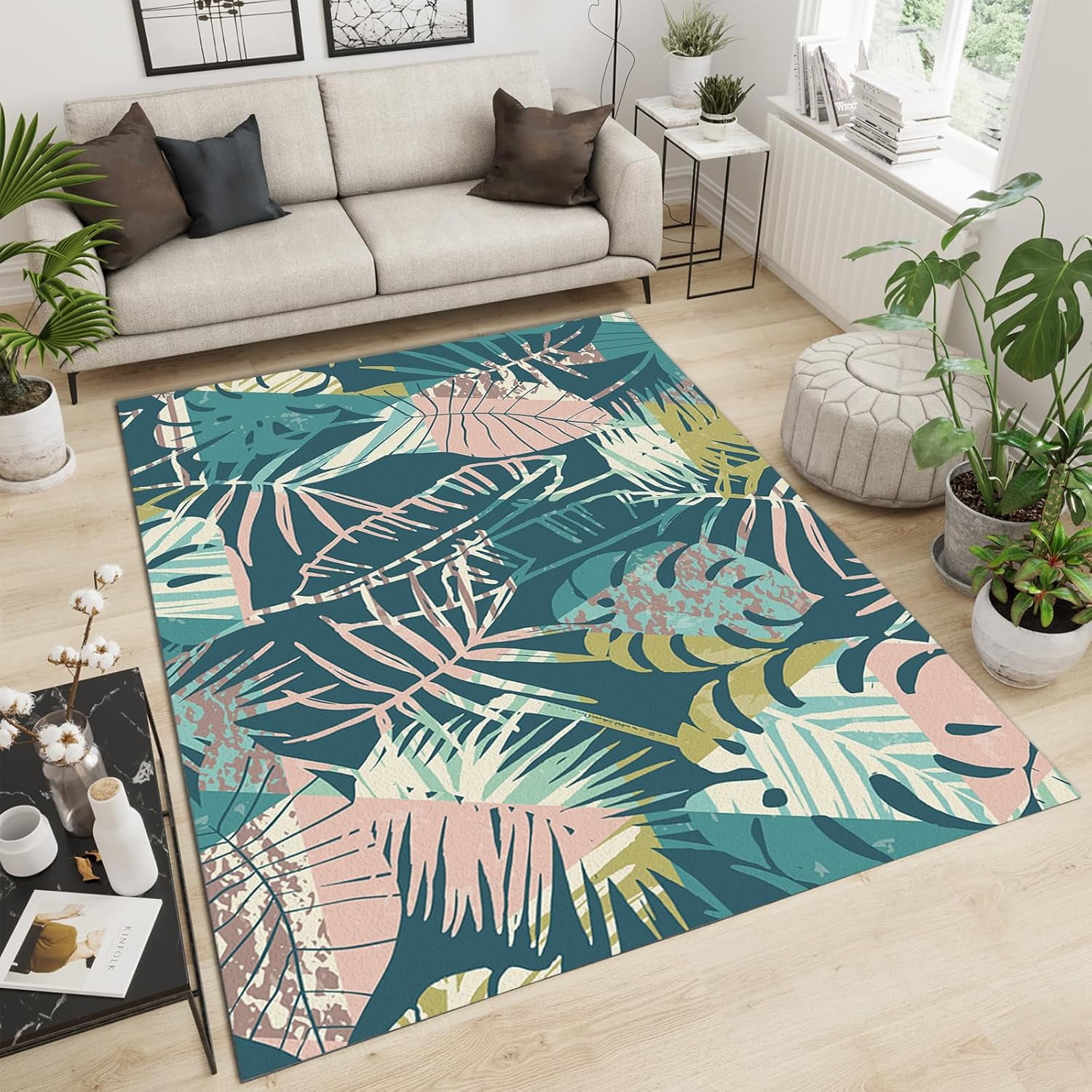 Tropical Theme Area Rug, Abstract Plant Monstera Palm Leaves Hallway ...