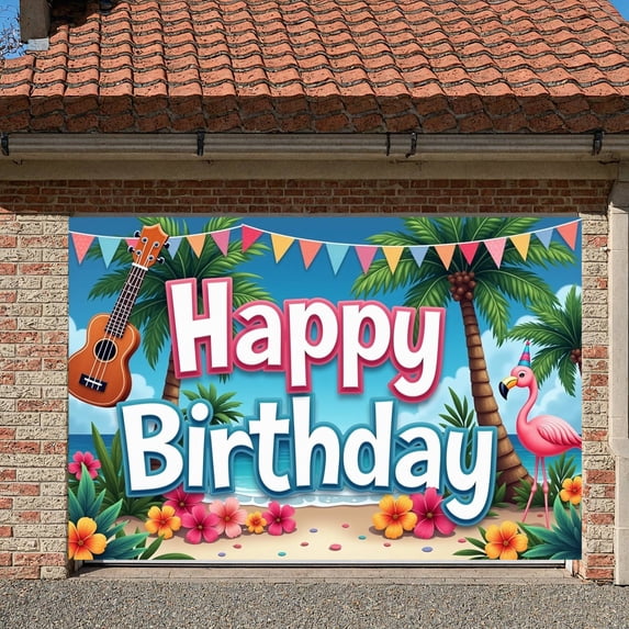 Tropical Theme Banner Flamingo Design Beach Birthday Backdrop Palm Tree ...