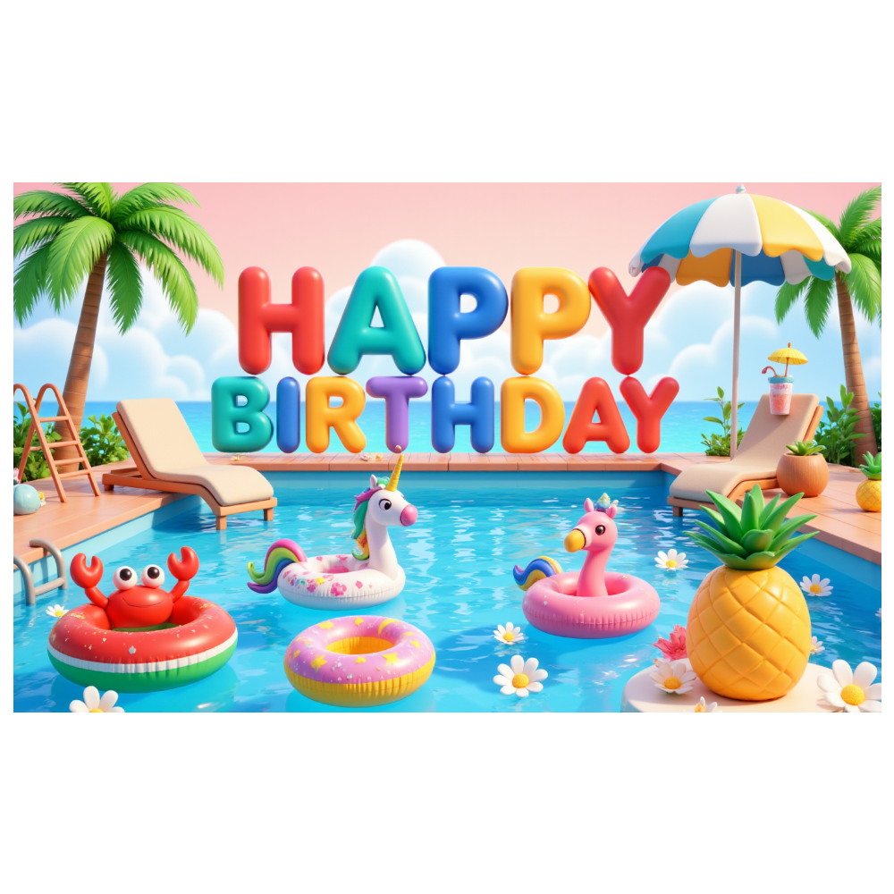 Tropical Theme Happy Birthday Banner Colorful Design Pool Party Decor ...
