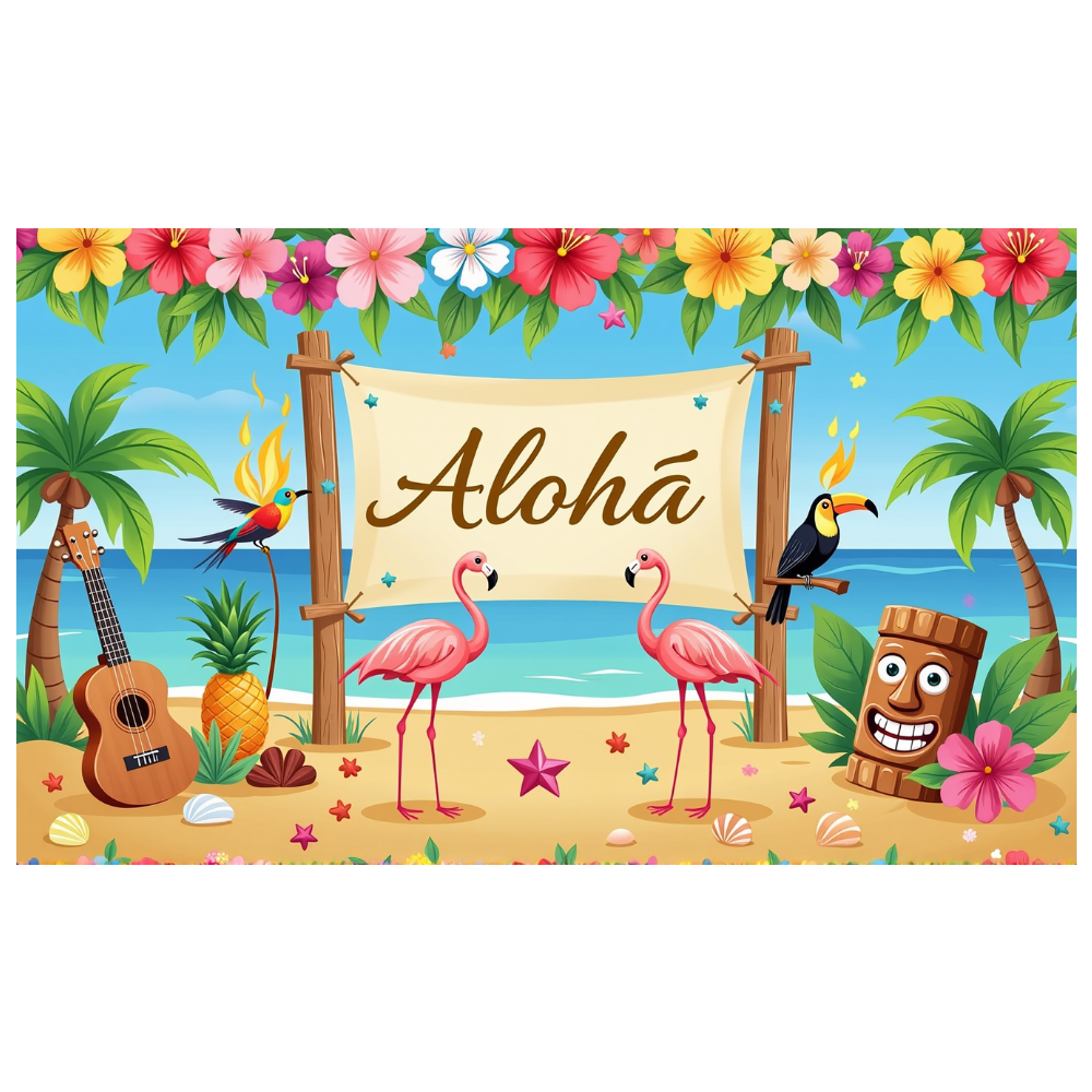 Tropical Themed Aloha Banner with Flamingos Pineapples and Tiki Decors ...