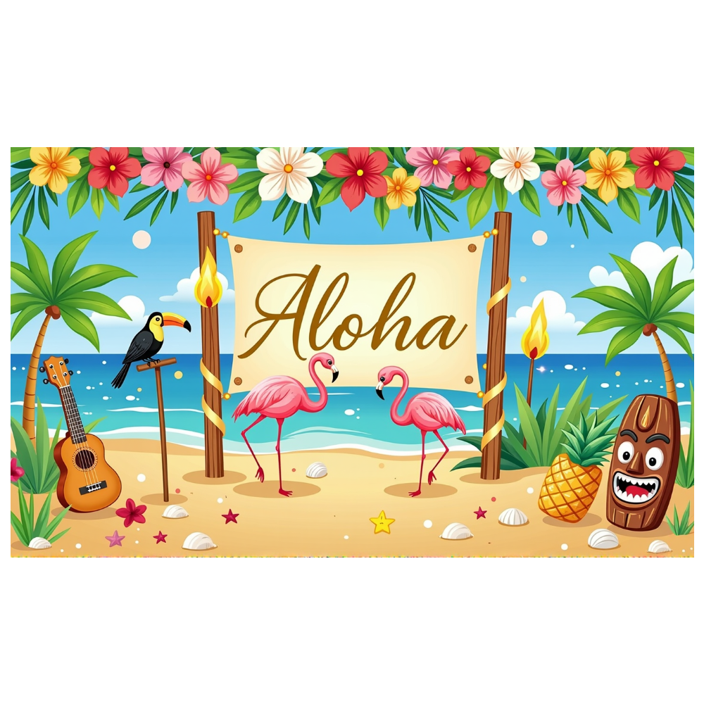 Tropical Themed Aloha Banner with Flamingos Pineapples and Tiki Decors ...
