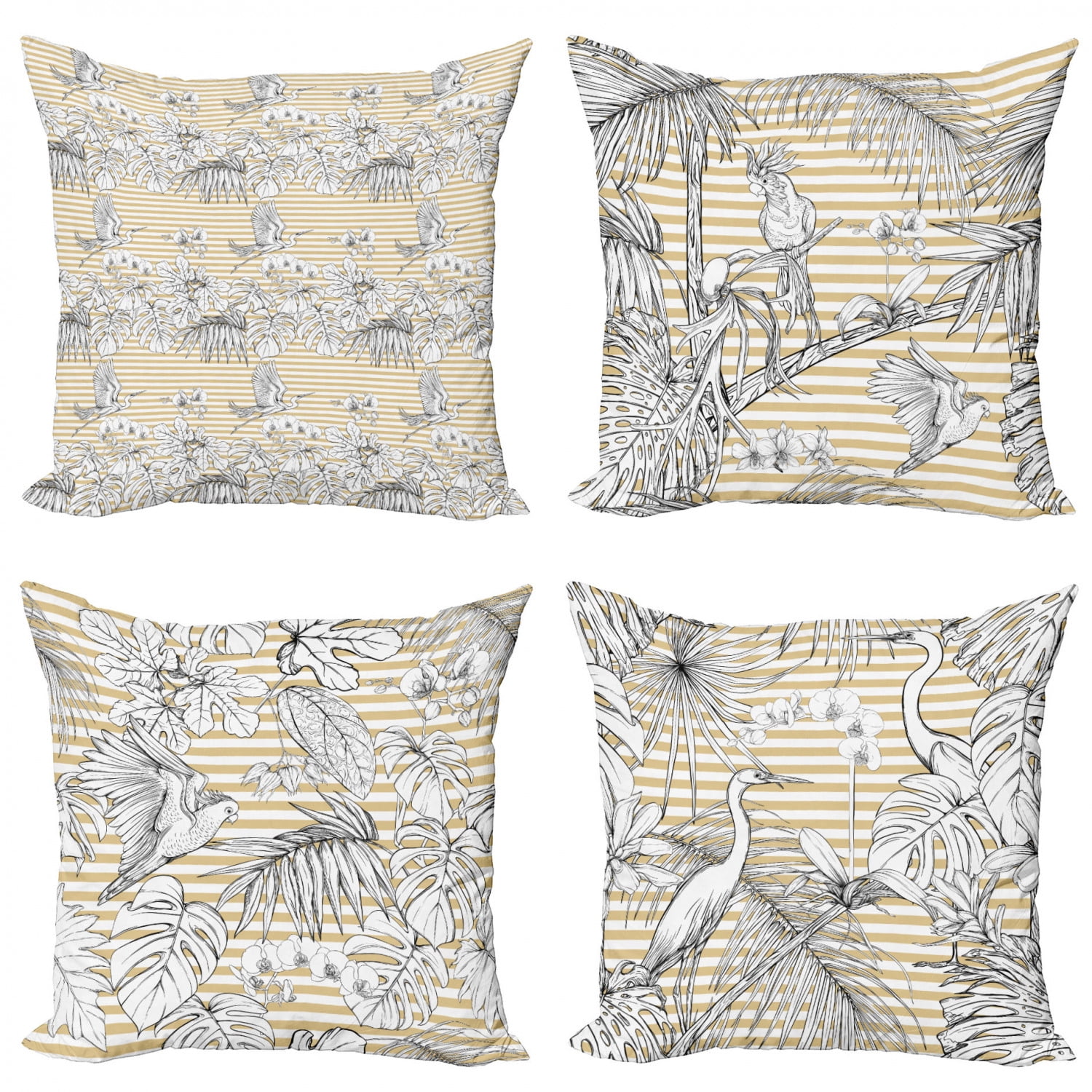 Ambesonne Tropical Throw Pillow Cover 4 Pack, Parrot Heron Monstera ...