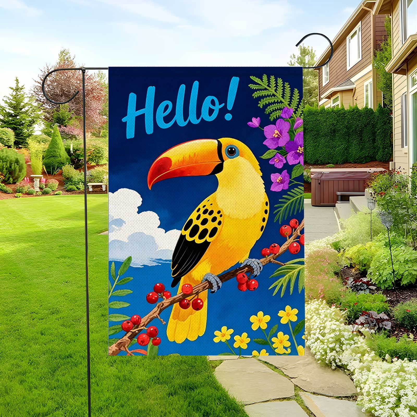 Tropical Toucan Flowers "Hello!" Garden Flag Multicolor Color 30x45cm ...