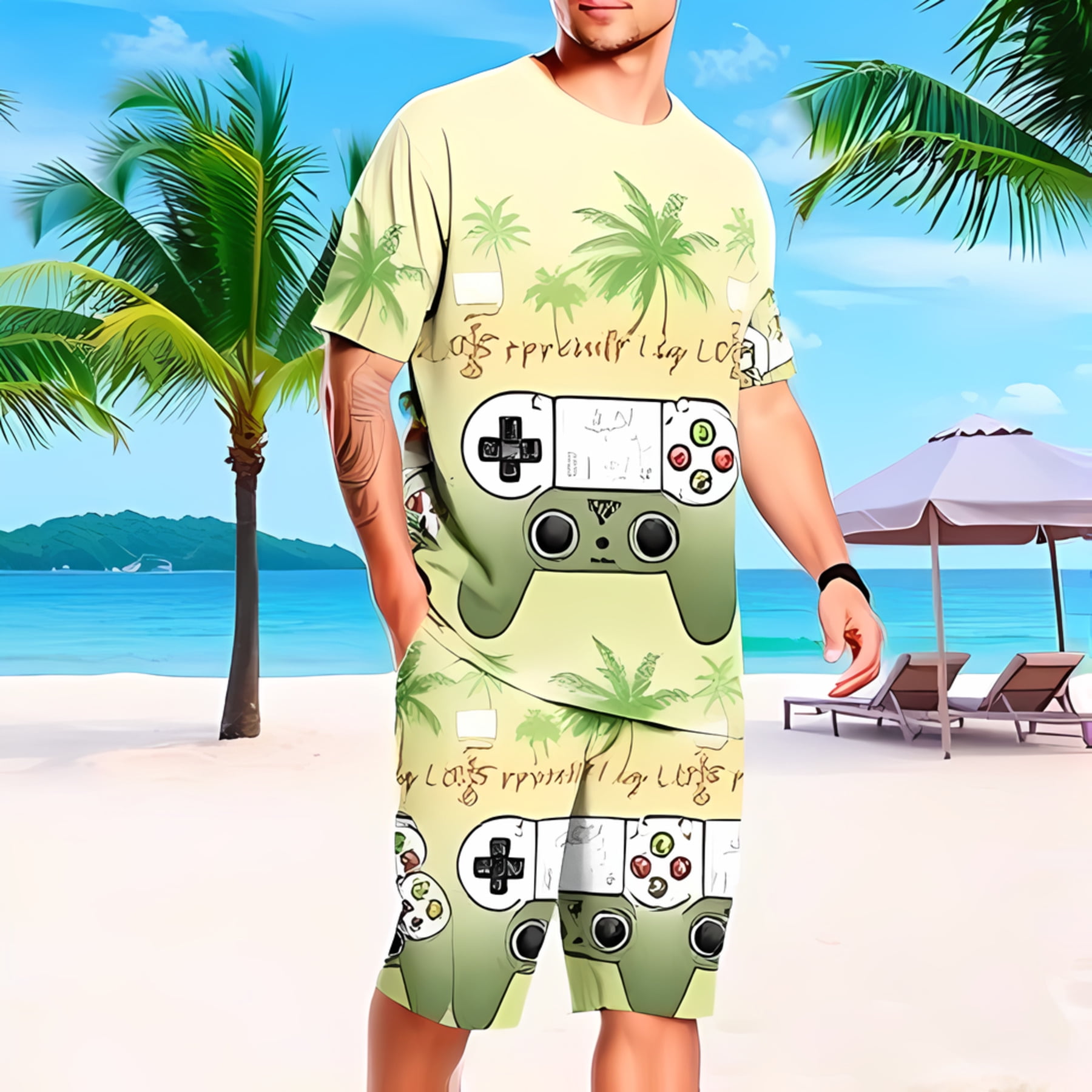 Tropical Tree & Gaming Controller Print Yellow T-Shirt and Shorts Set ...