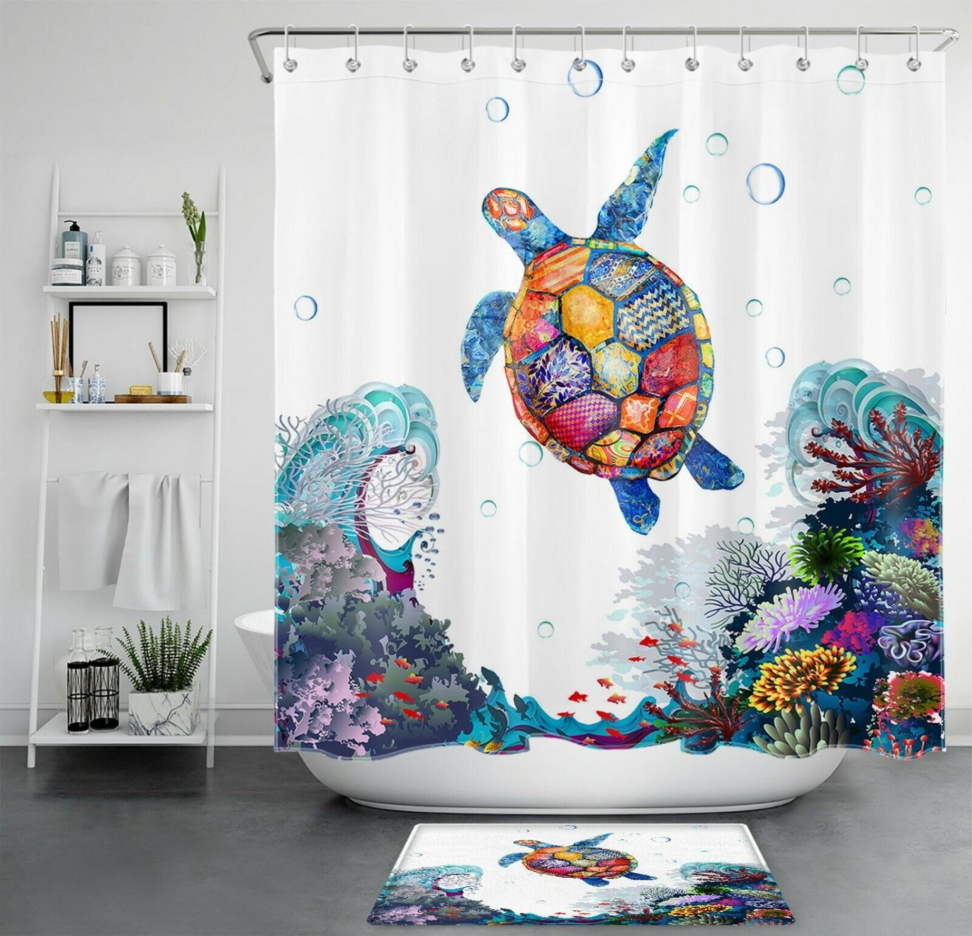 Tropical Underwater Vibe Watercolor Sea Turtle Shower Curtain Set For