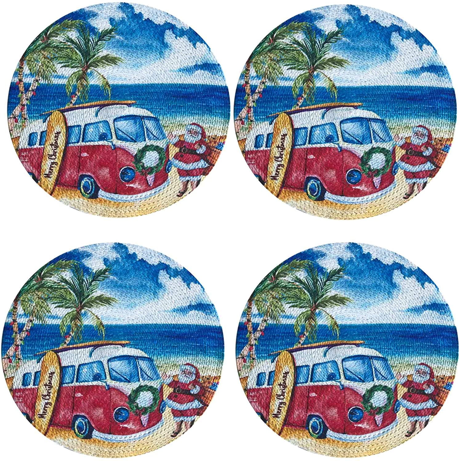 Tropical VW Vintage Surfer Bus Christmas Print 15” Round Braided Round ...