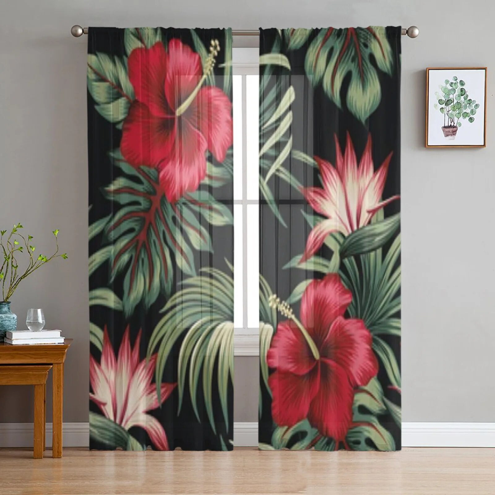 Tropical Vintage Hibiscus Floral Sheer Window Curtains For Living Room