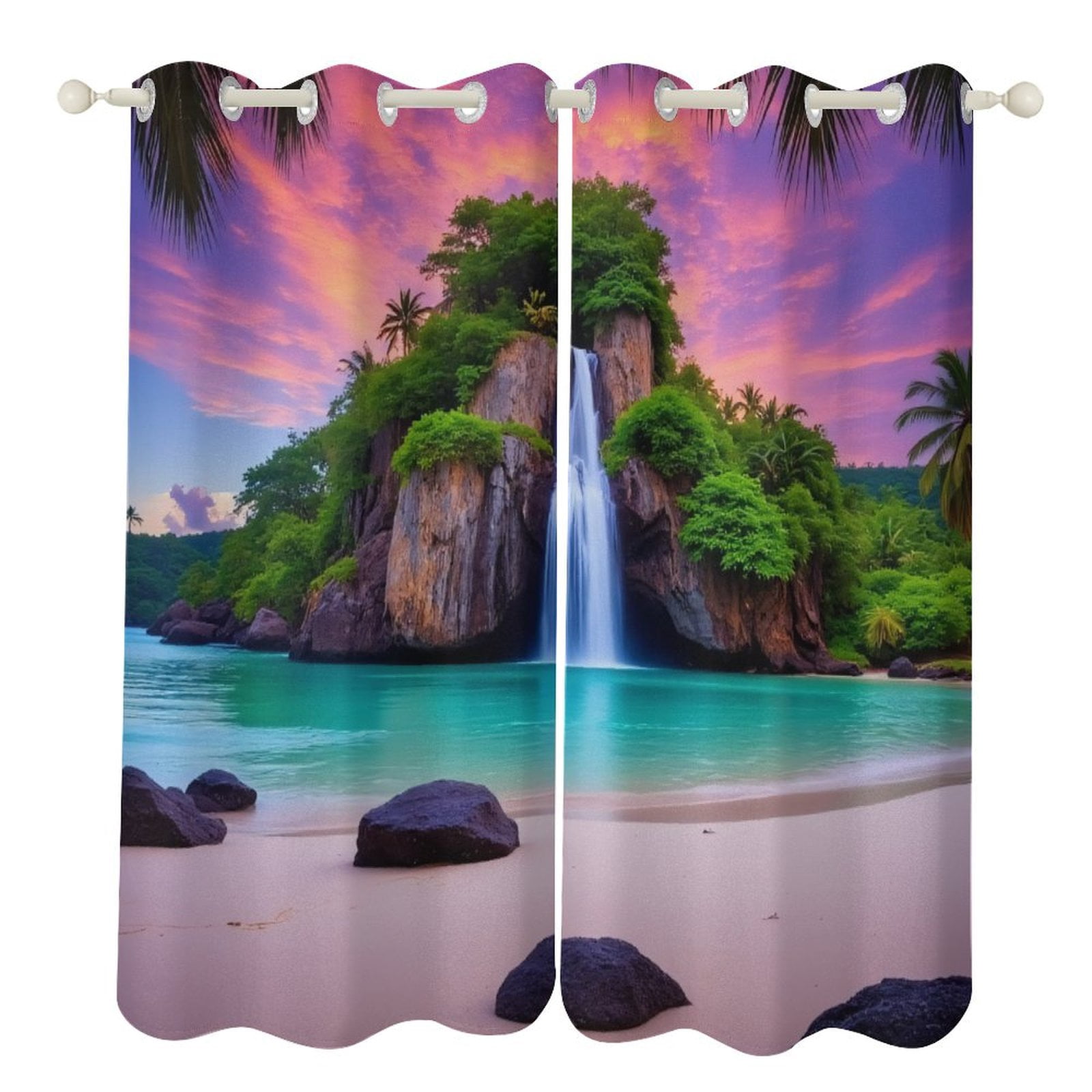 Tropical Waterfall Beach Sunset Blackout Window Curtains for Bedroom ...