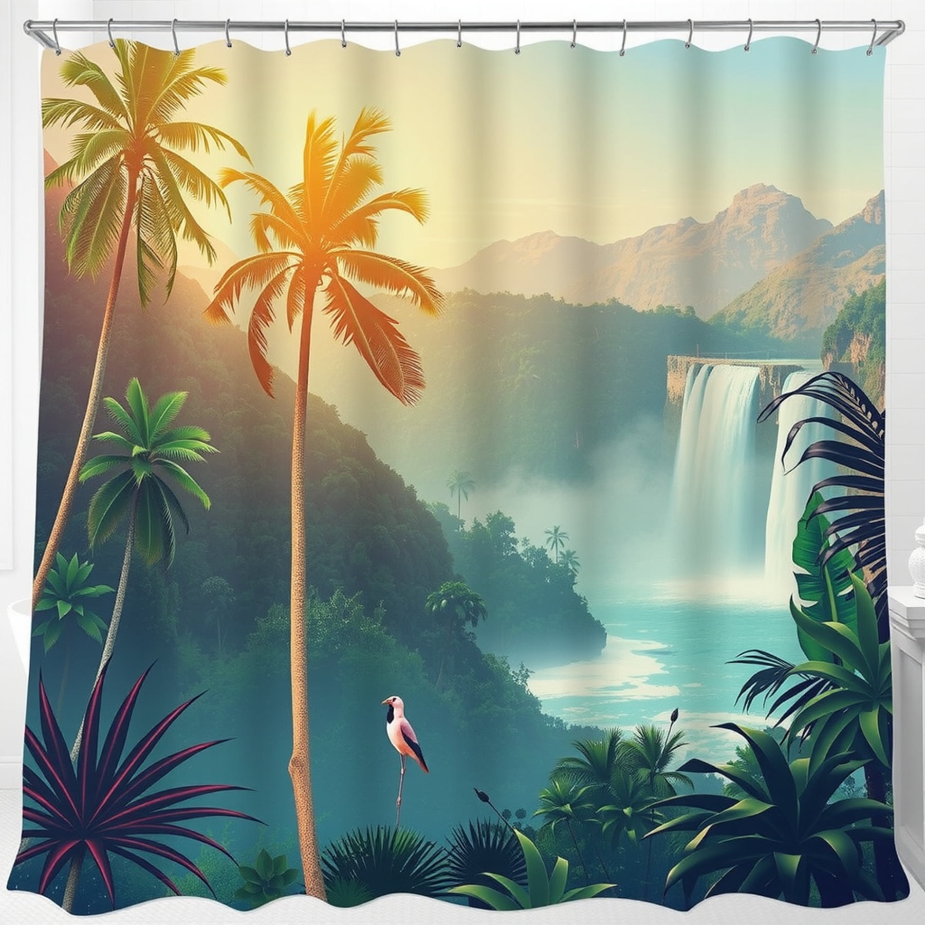 Tropical Waterfall Shower Curtain - Greenery & Lagoon Design for a ...