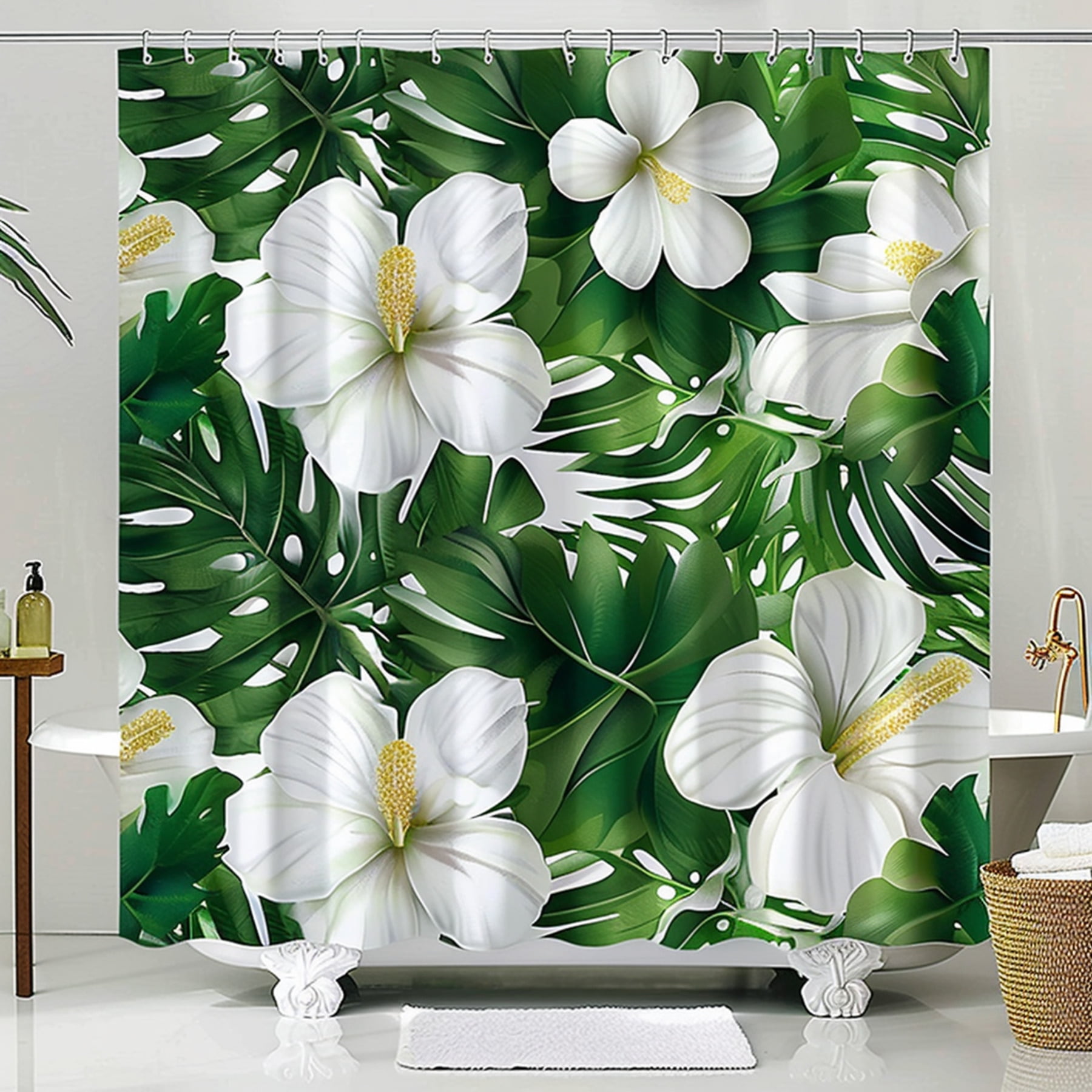 Tropical White Floral Bathroom Curtain Set With Monstera Deliciosa And