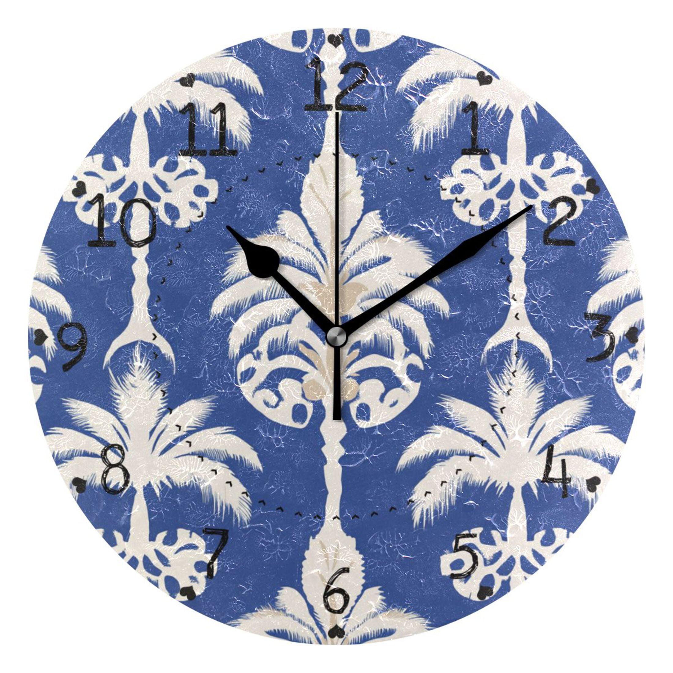 Tropical White Palm Trees Round Wall Clock Silent Analog Battery ...
