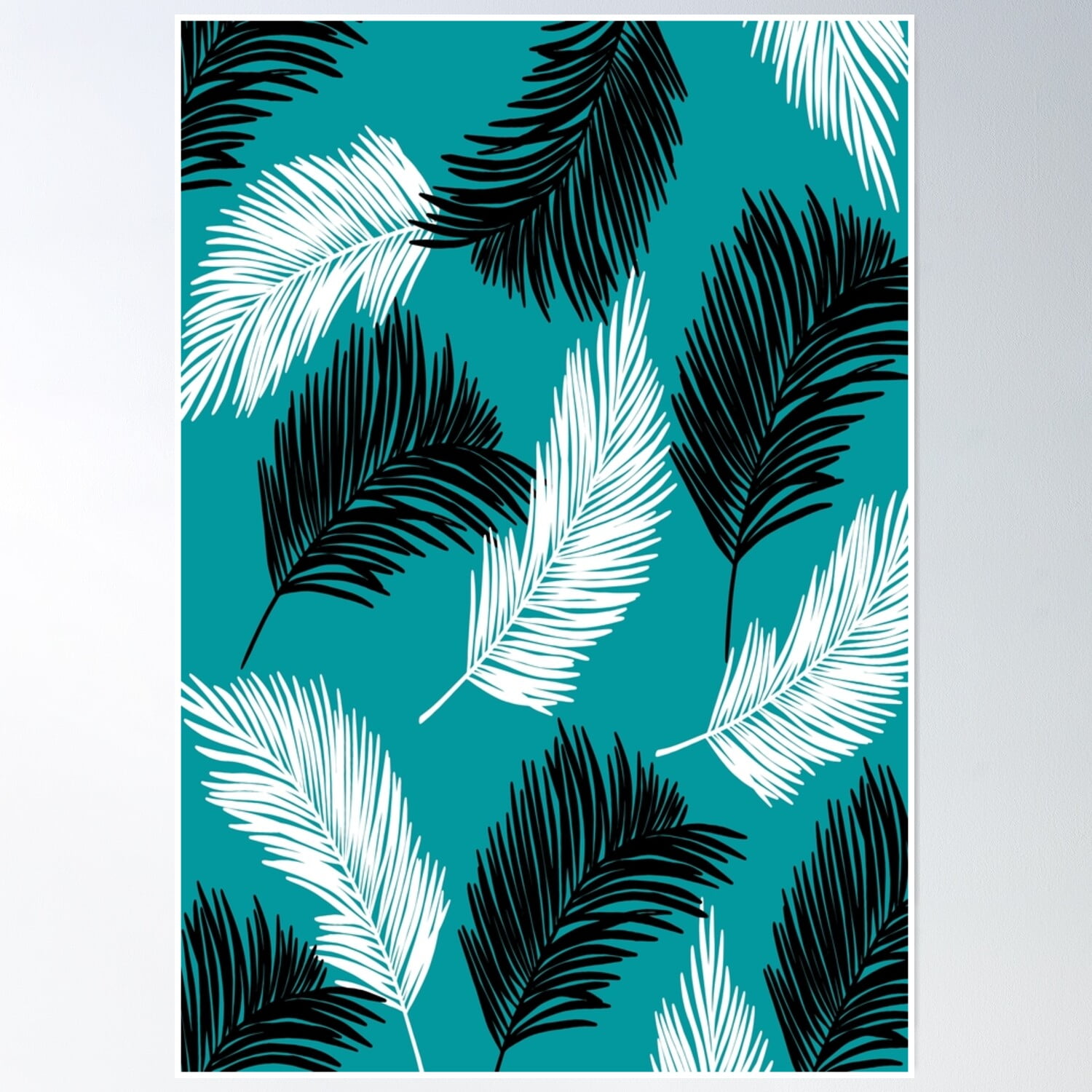 Tropical Wild Leaves Pattern Palm On Dark Cyan Poster Wall Art, Modern ...