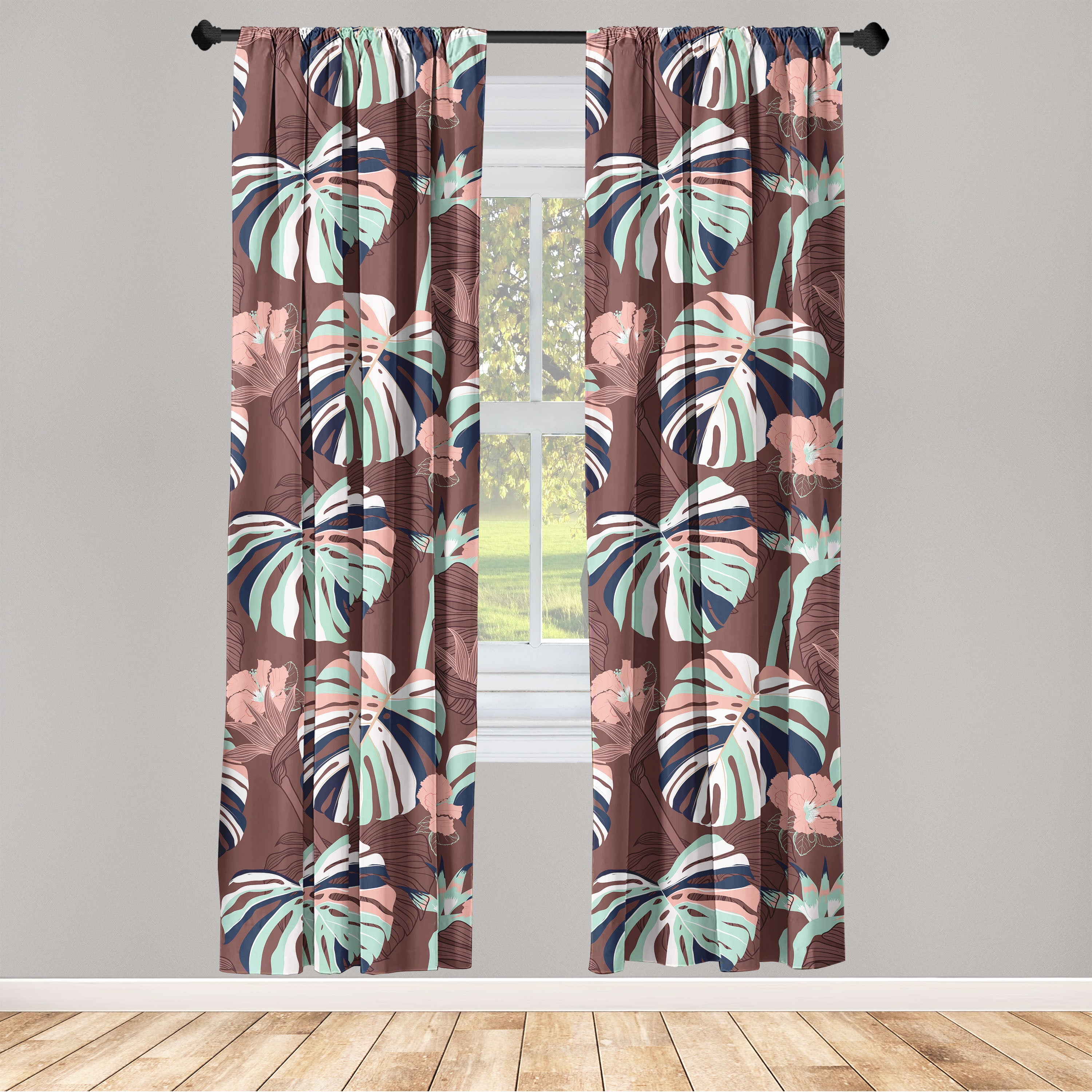 Tropical Window Curtains, Colorful Monstera Leaves Flowers ...