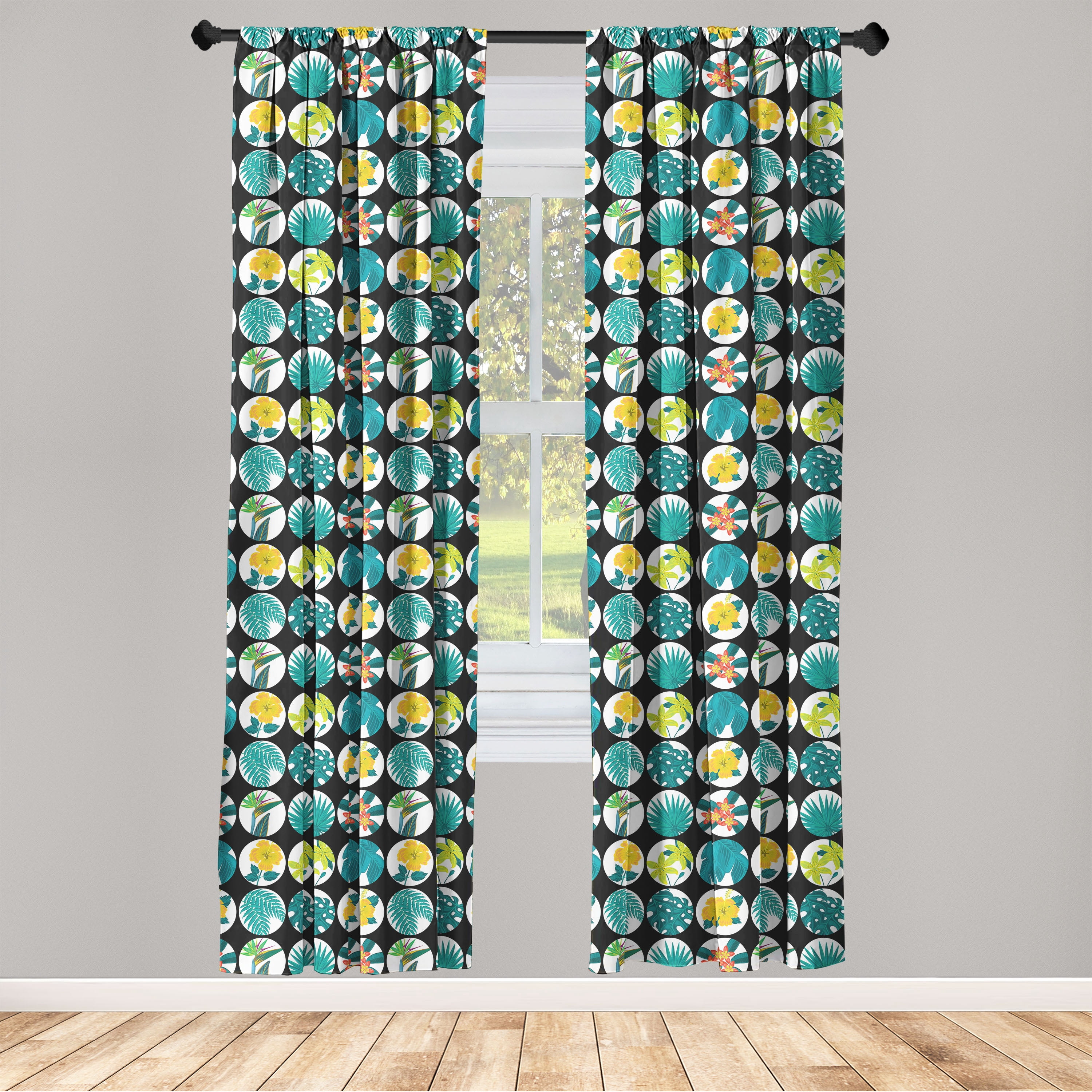 Tropical Window Curtains, Continuous Flowers and Leaves in Circular ...