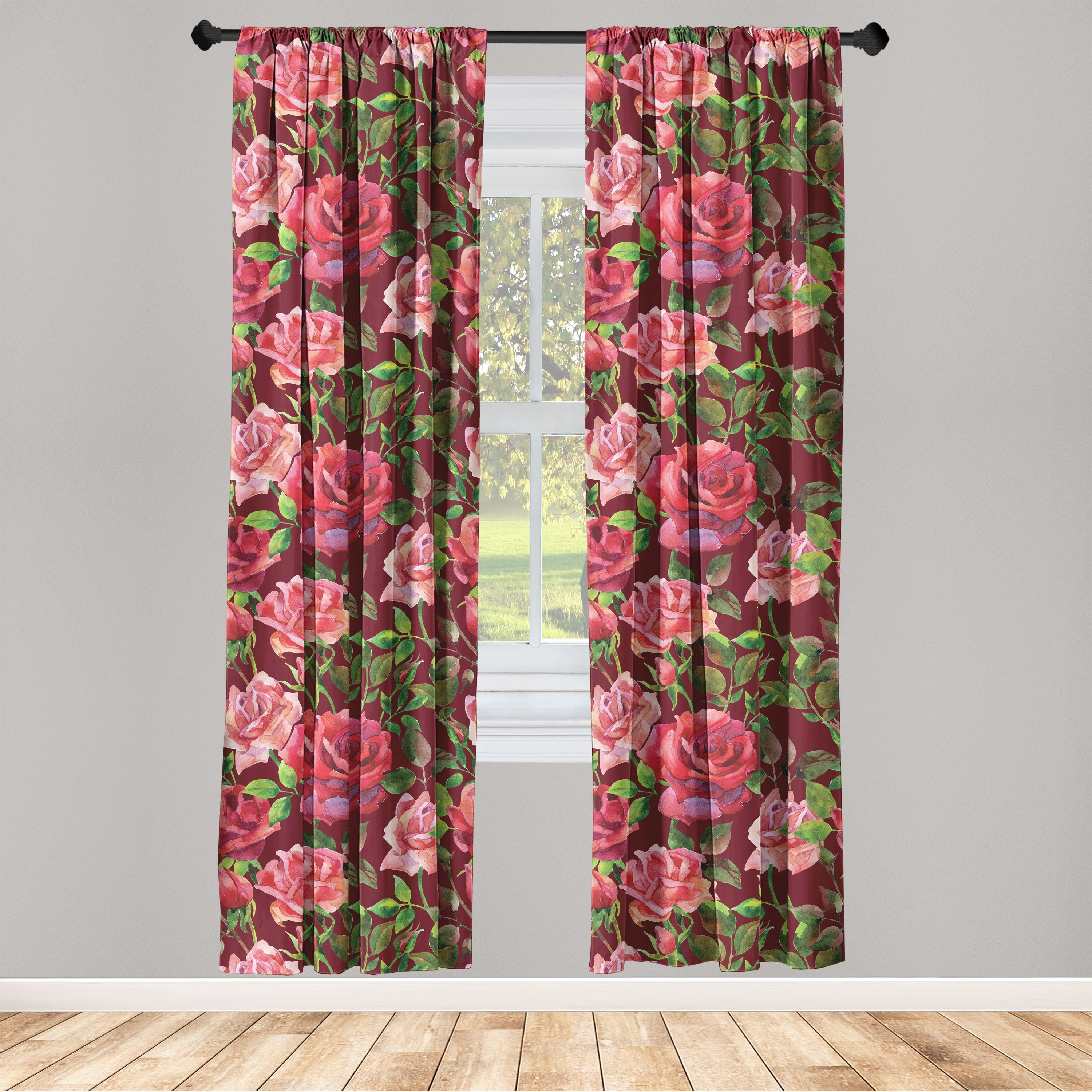Tropical Window Curtains, Continuous Pattern of Rose Flowers and Leaves ...