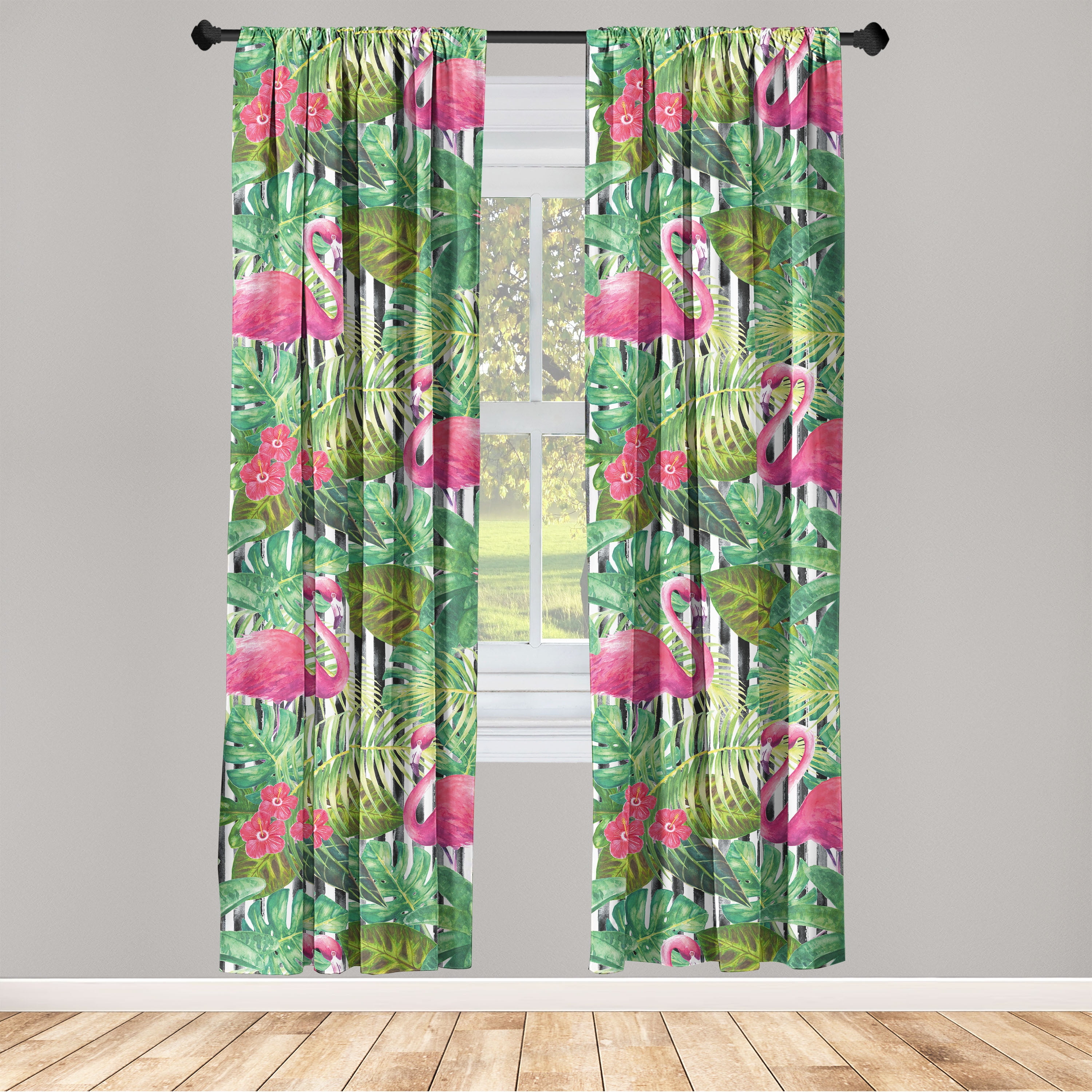 Tropical Window Curtains, Tropical Dreamy Flamingo and Hibiscus Flowers ...