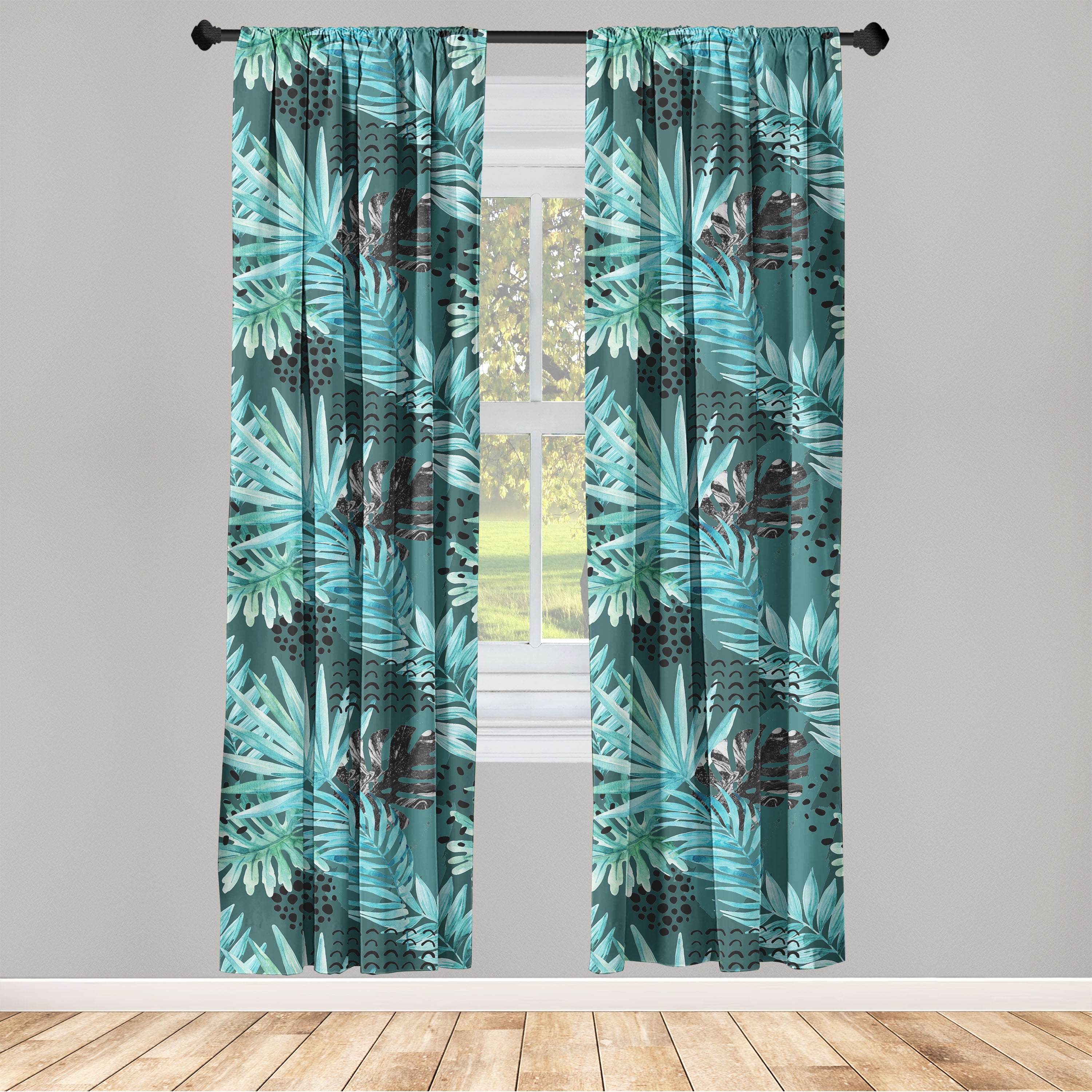 Tropical Window Curtains, Exotic Concept Palm Monstera Leaves Hand ...