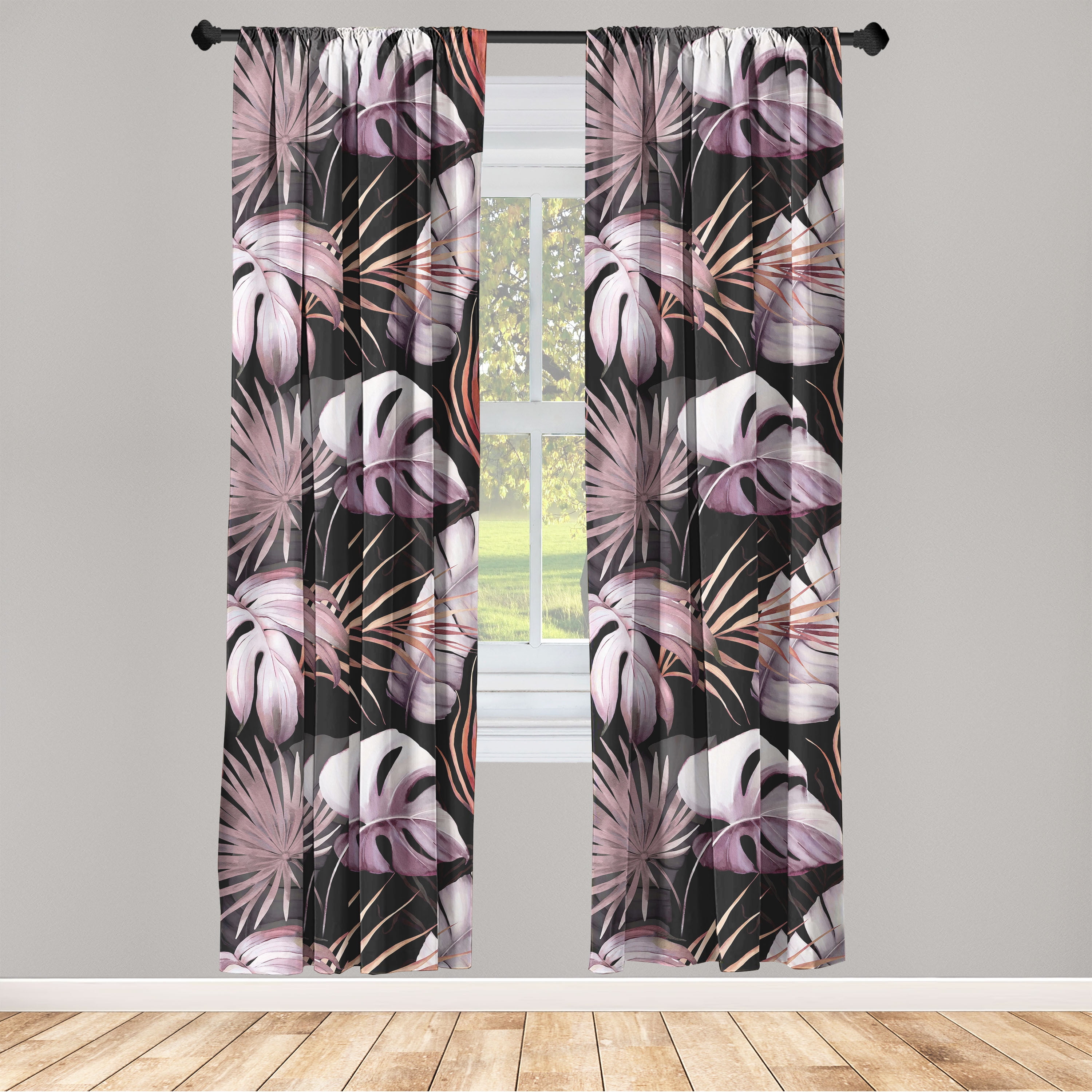 Tropical Window Curtains, Exotic Jungle Leaves on Black Background ...