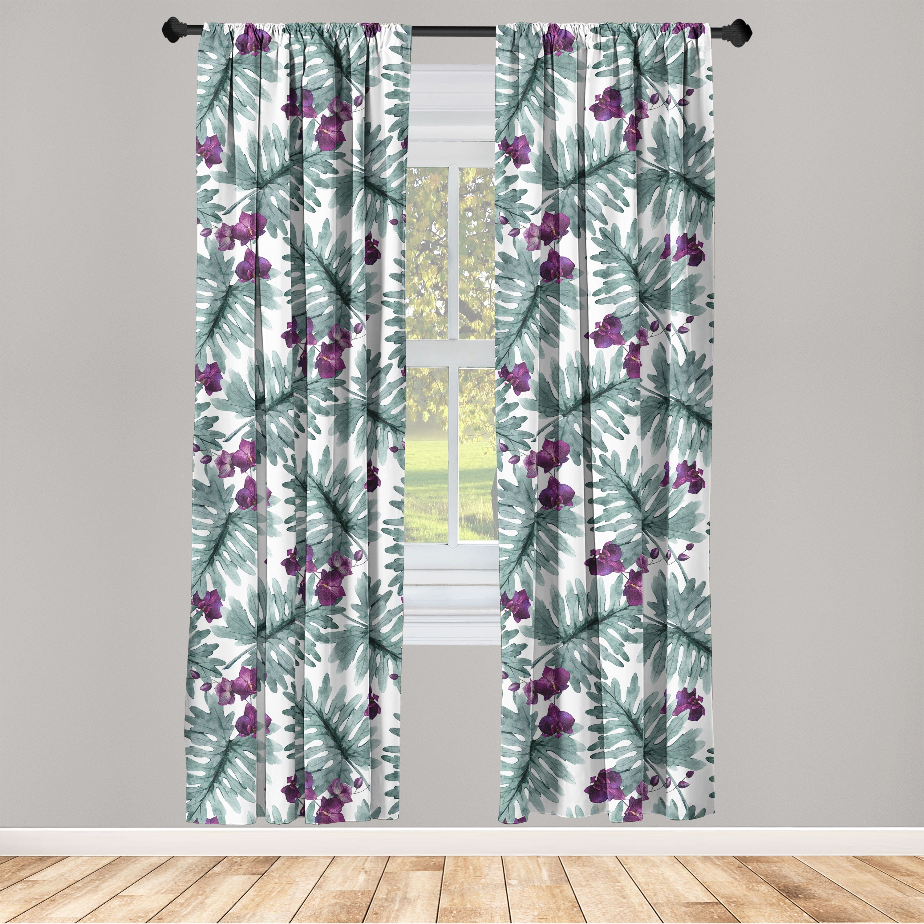 Tropical Window Curtains, Exotic Leaves Orchid Flowers Watercolor Style ...