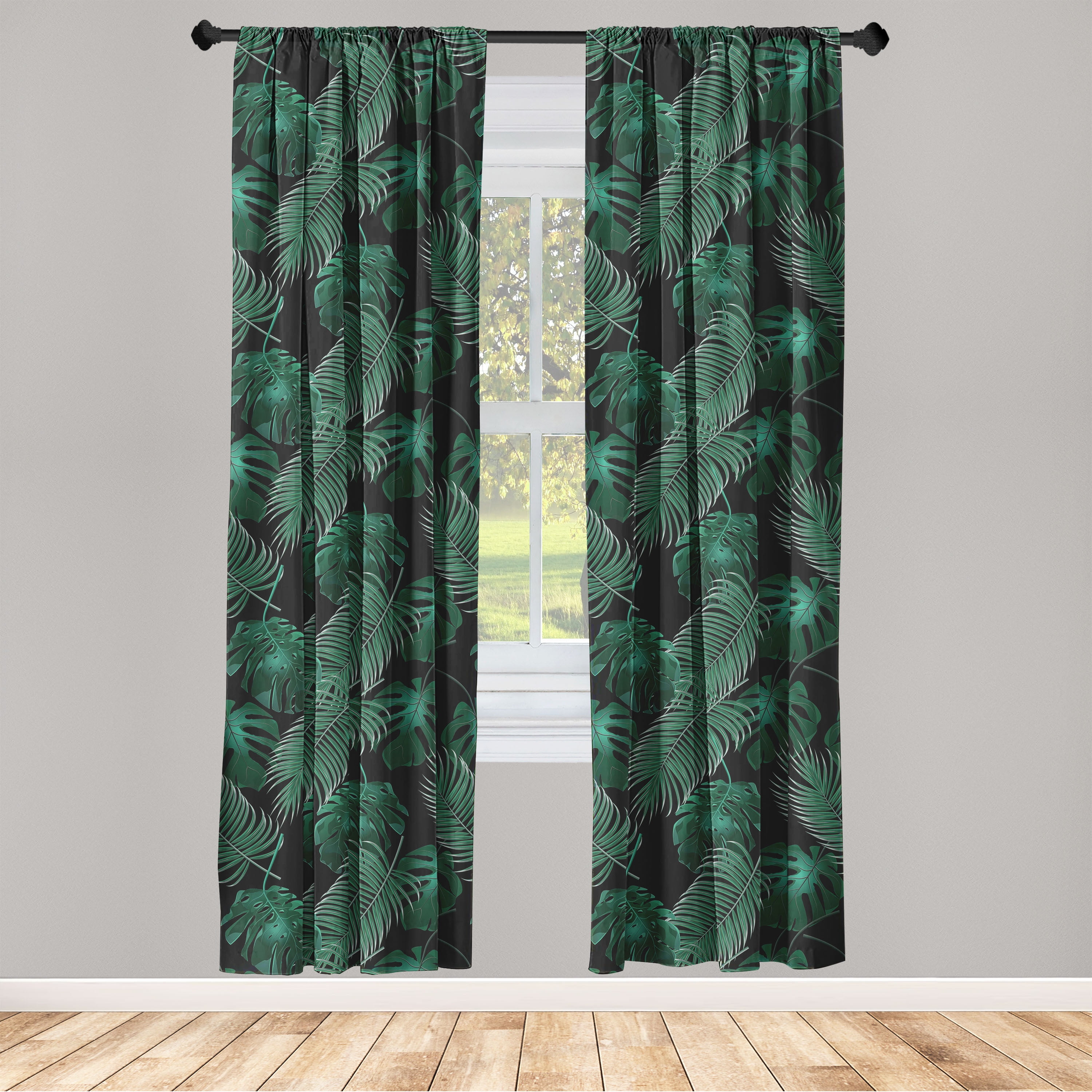 Tropical Window Curtains, Exotic Monstera and Palm Tree Leaves Pattern ...