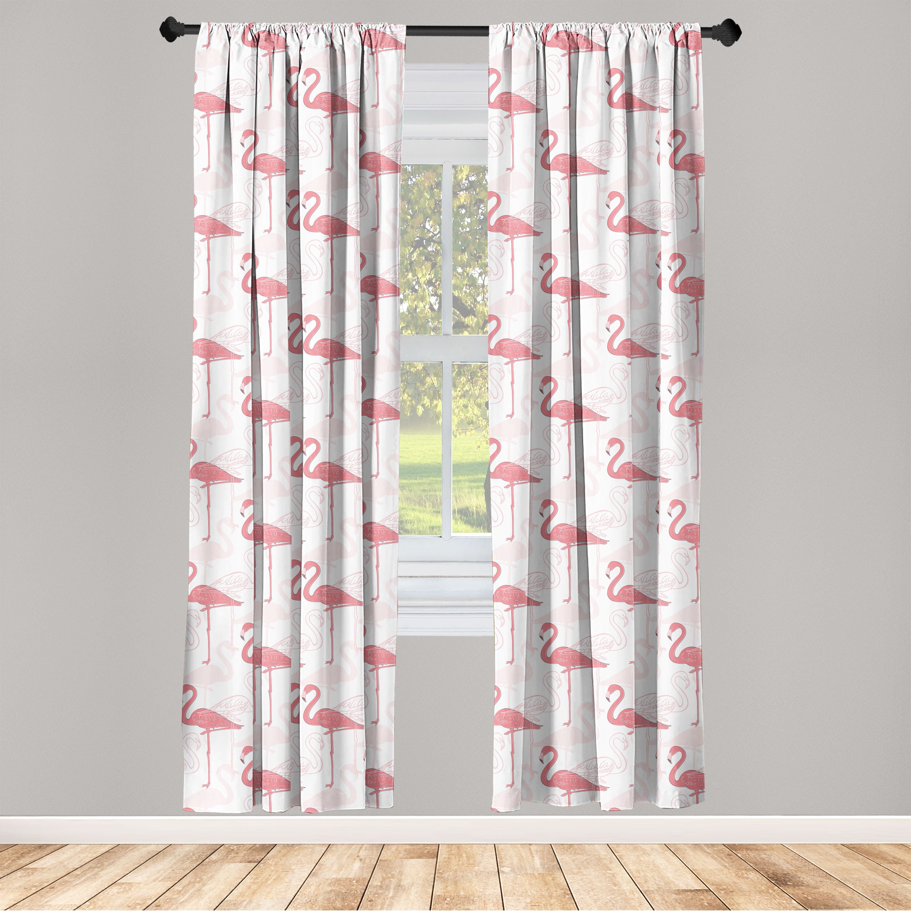 Tropical Window Curtains, Flamingo Drawing Shade and Sketch on Plain ...