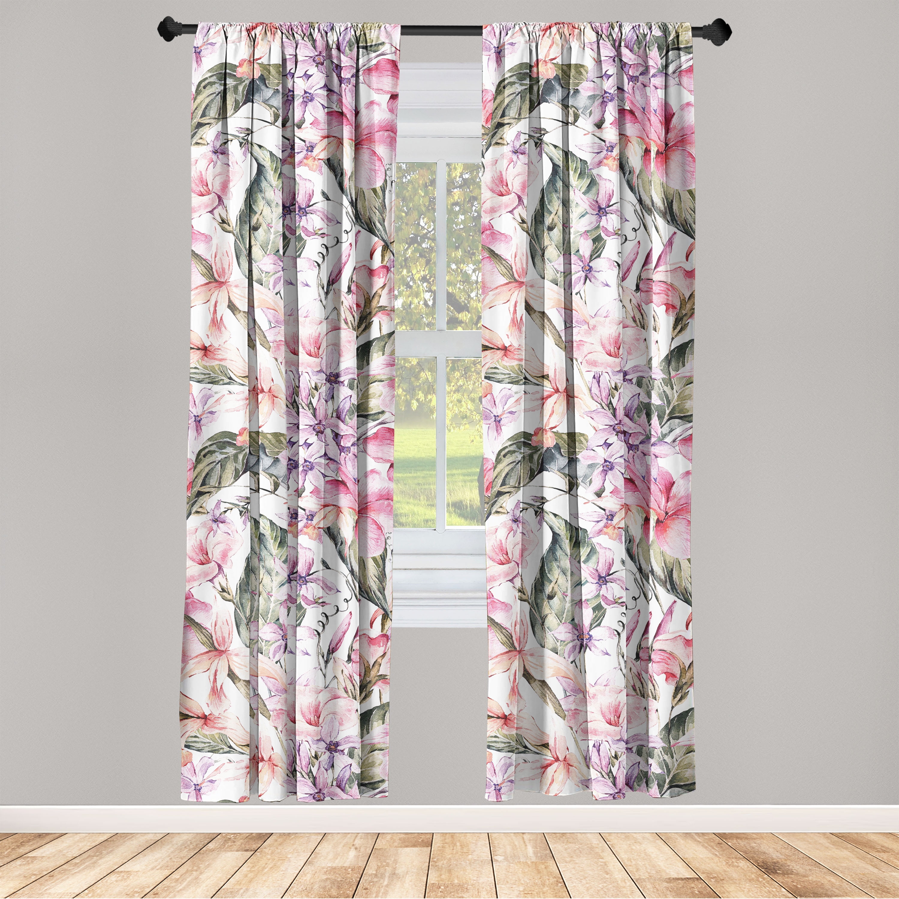Tropical Window Curtains, Flora Art Featuring Exotic Leaves and Flowers ...