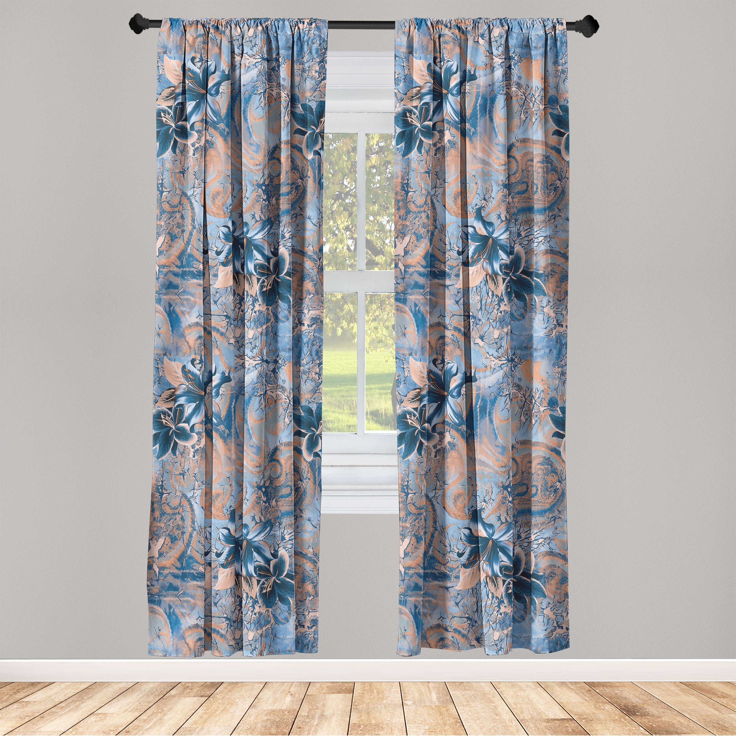 Tropical Window Curtains, Grunge-Looking Flowers Abstract Digital ...