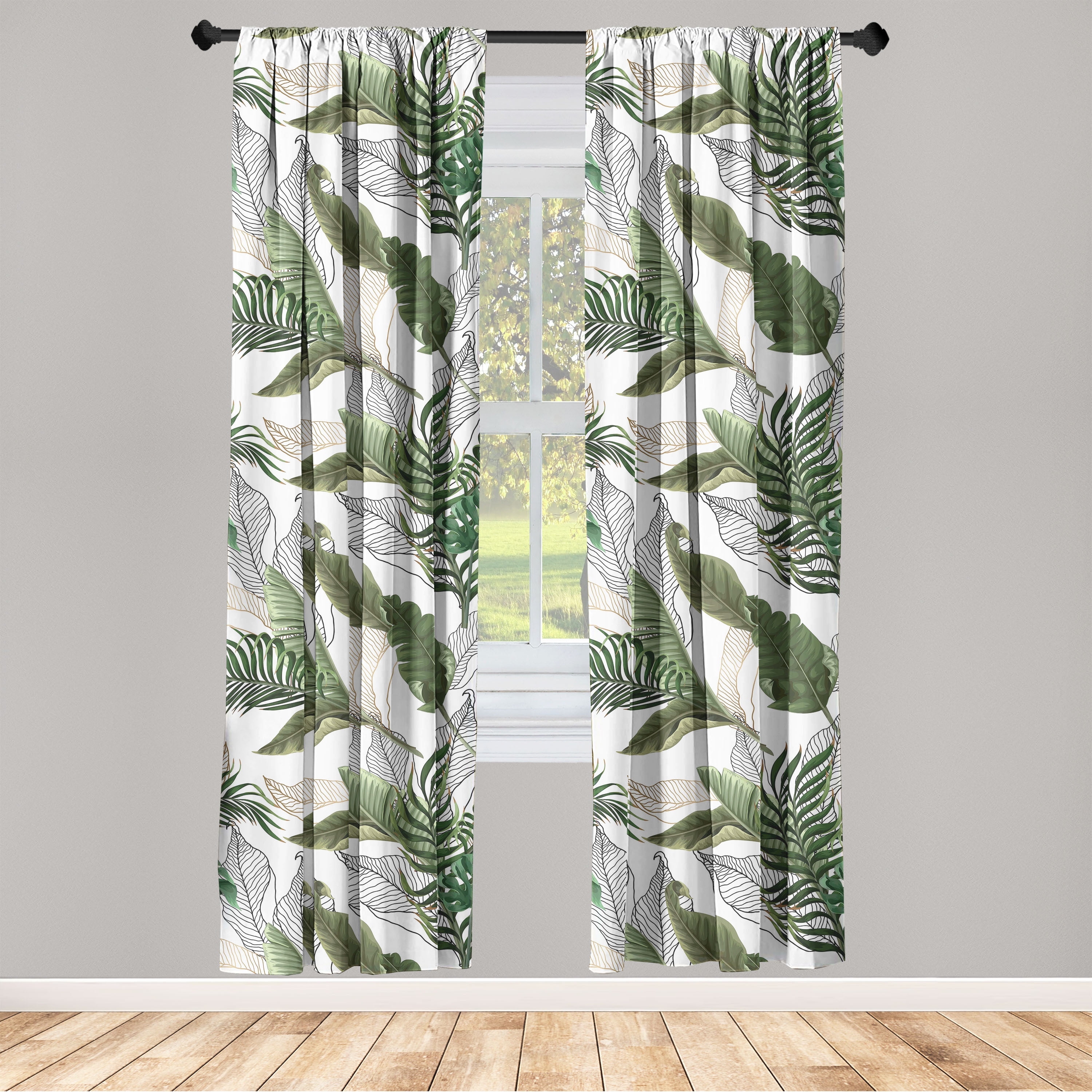 Tropical Window Curtains, Hawaiian Style Exotic Ornament of Palm and ...