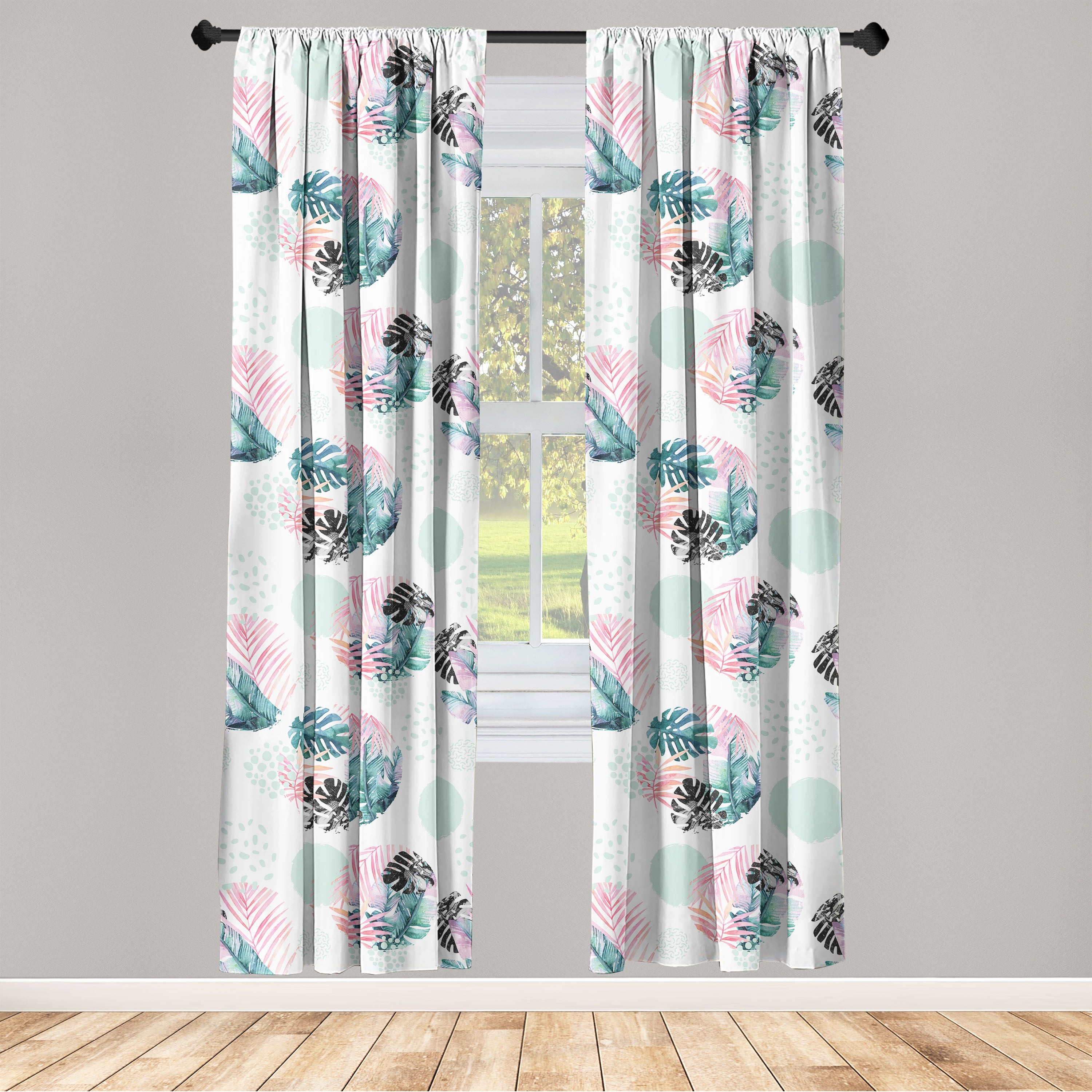 Tropical Window Curtains, Watercolor Geometric Style Exotic Leaves ...